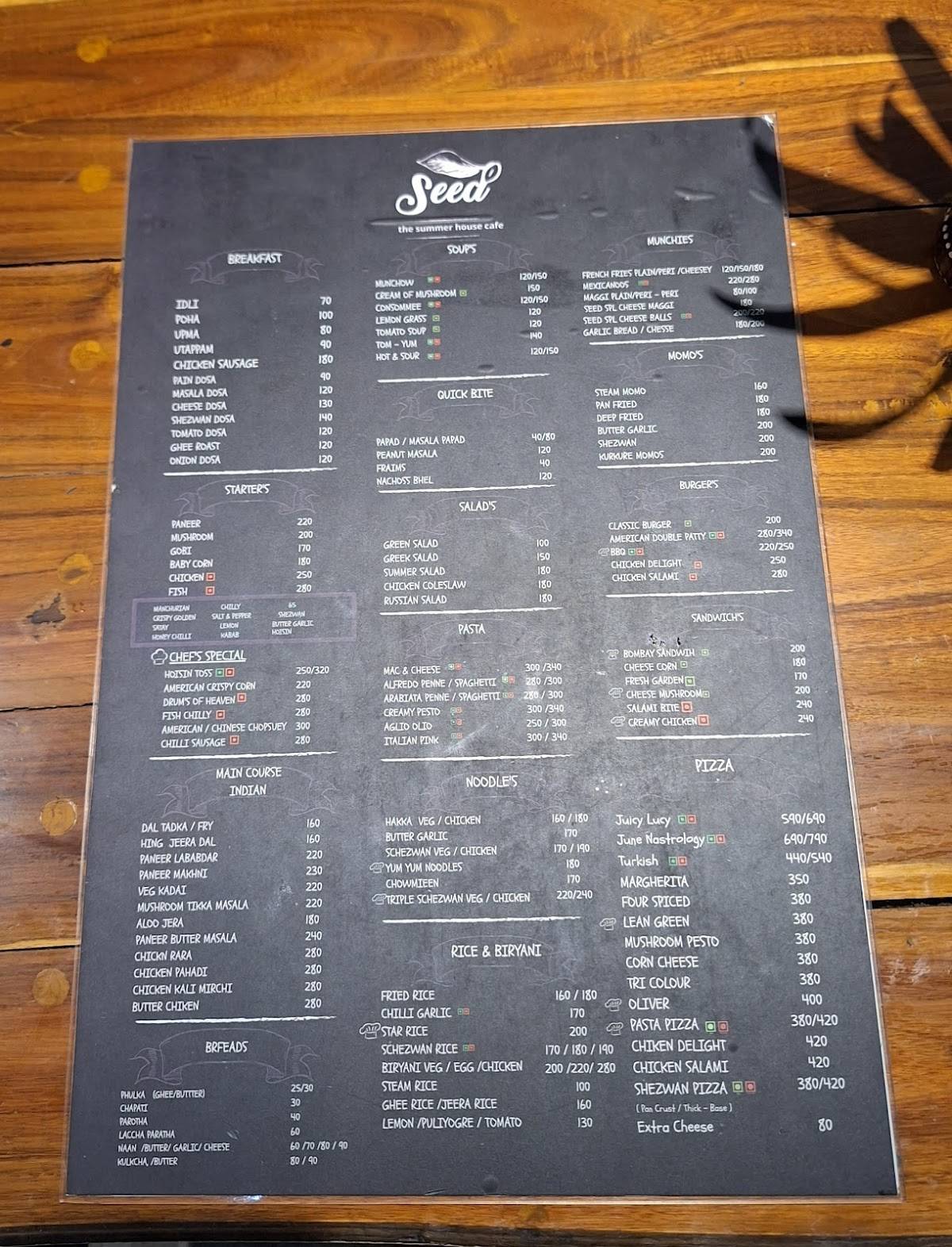 Menu at Seed Cafe, Srirangapatna