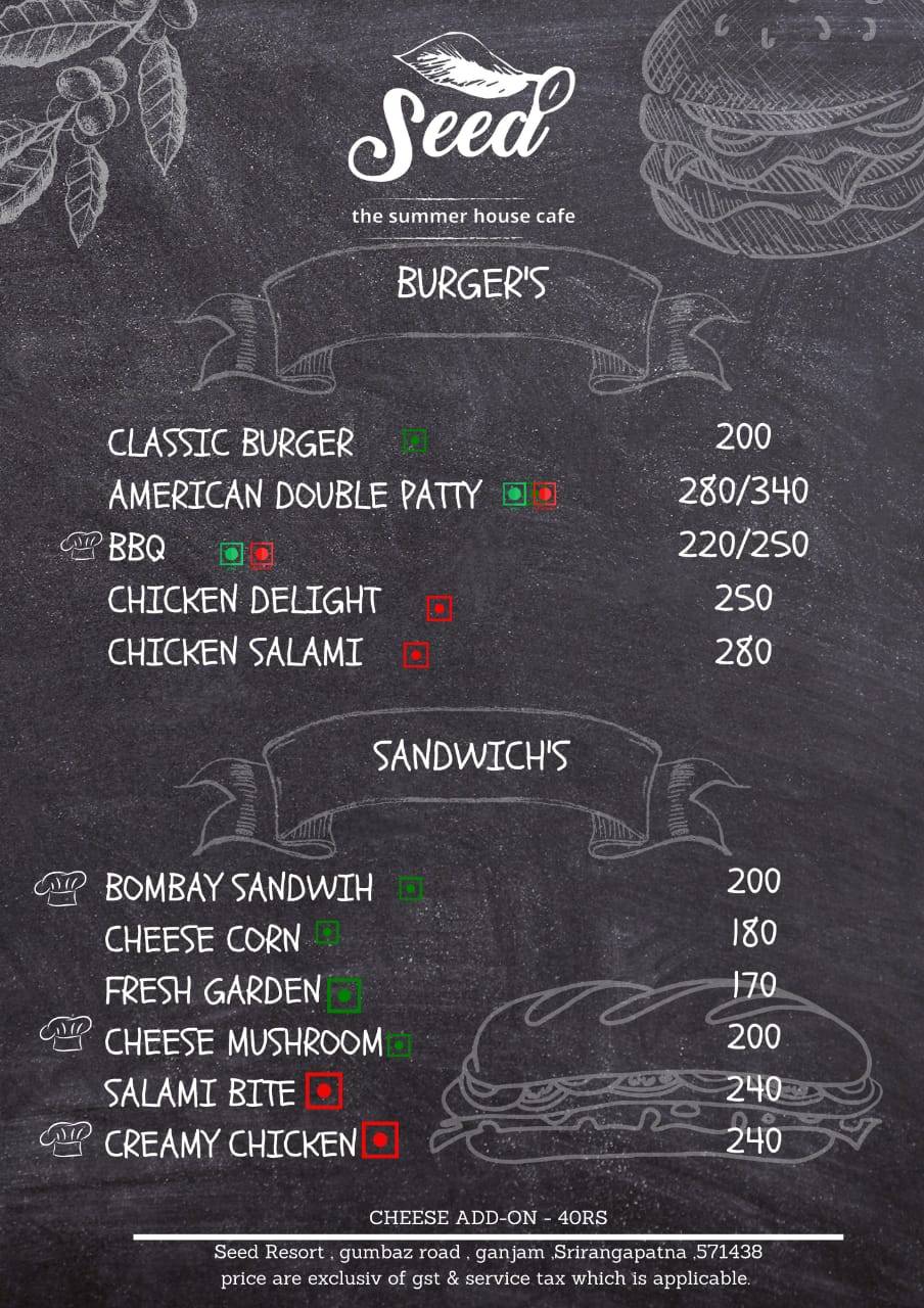 Menu at Seed Cafe, Srirangapatna