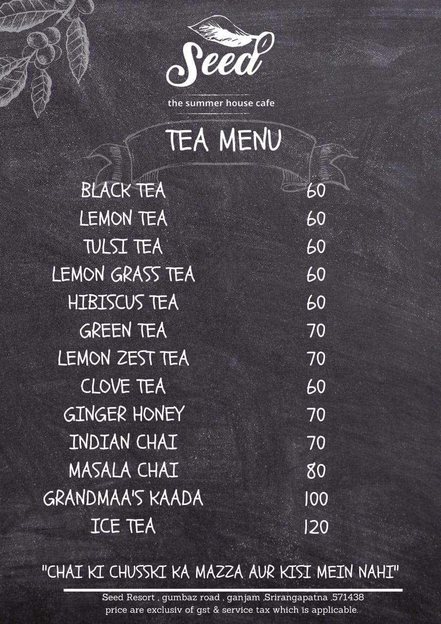 Menu at Seed Cafe, Srirangapatna