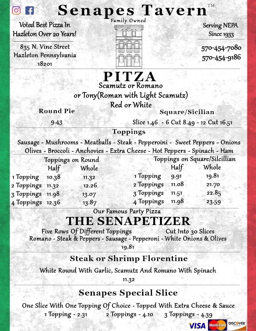 Menu at Senape's Tavern Pizza restaurant, Hazleton