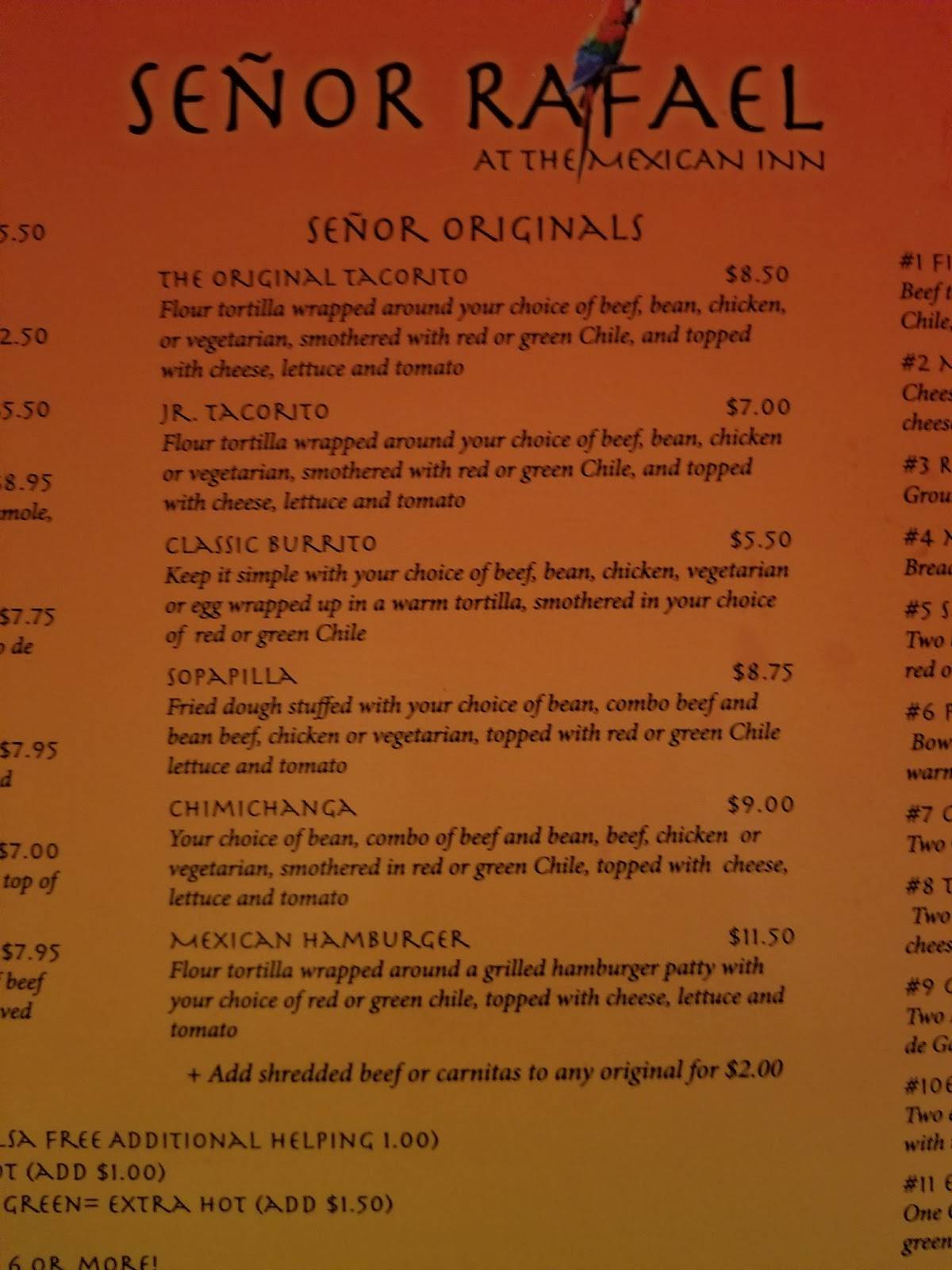 Menu at Senor Rafael at the Mexican Inn restaurant, Loveland