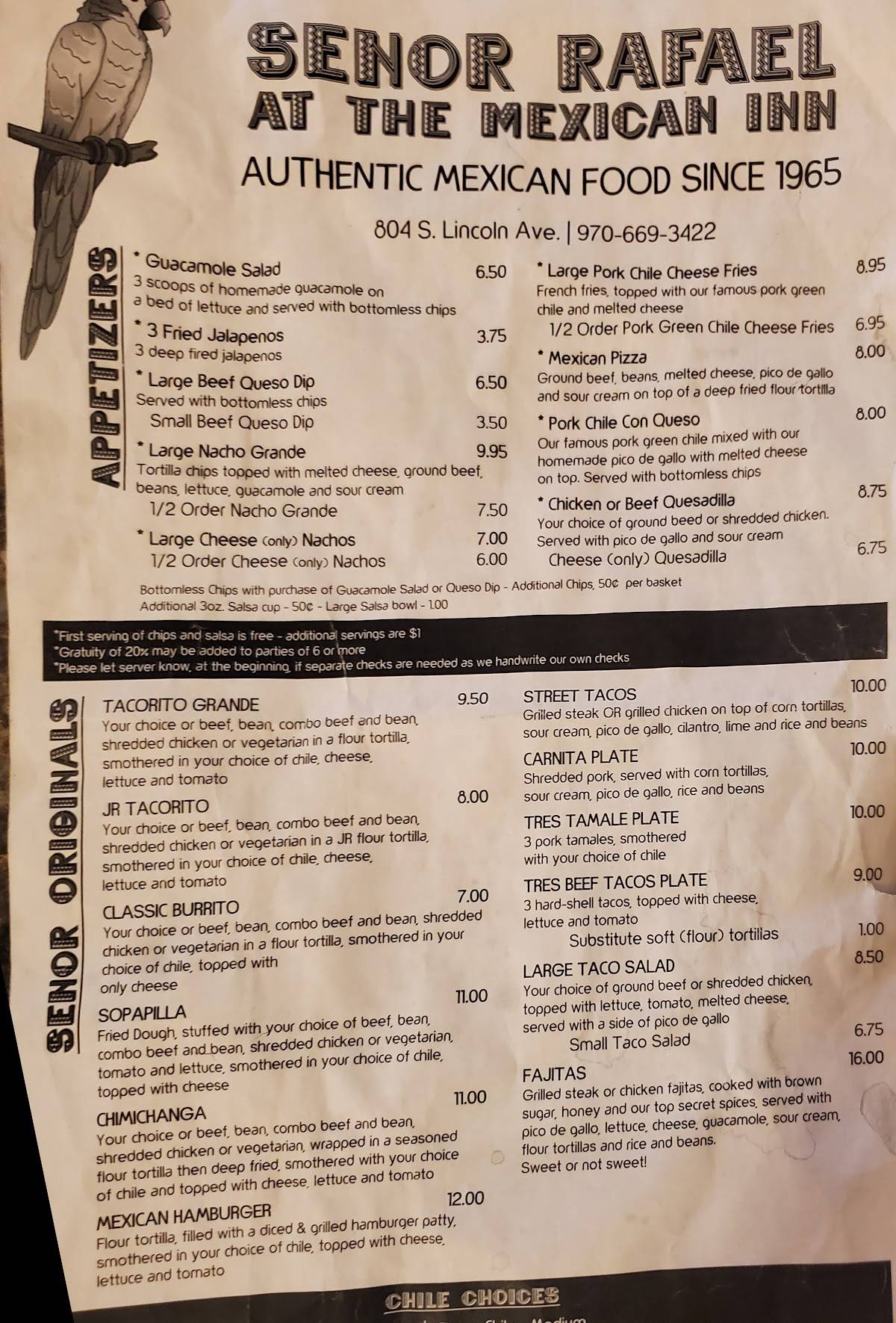 Menu at Senor Rafael at the Mexican Inn restaurant, Loveland