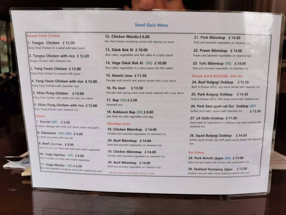 Menu at Seoul GaJa restaurant, Bristol