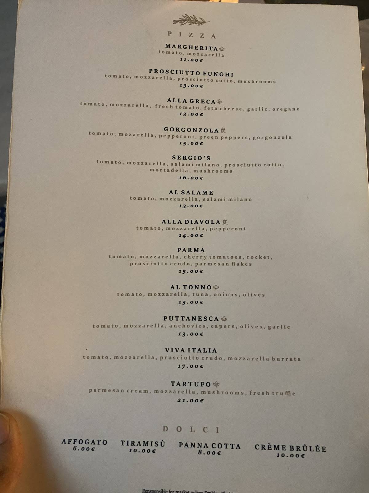 Menu at Sergio’s Downtown, Rhodes