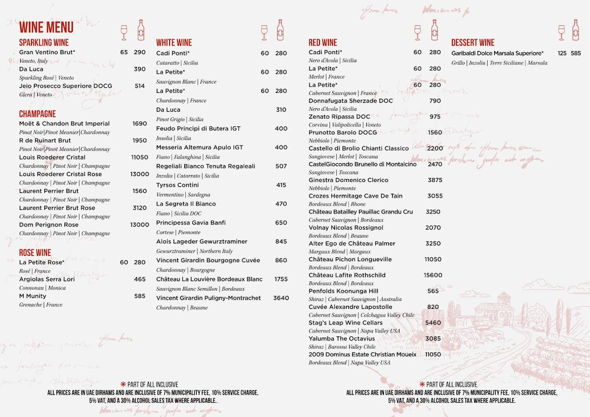 Menu at Sette restaurant, Dubai