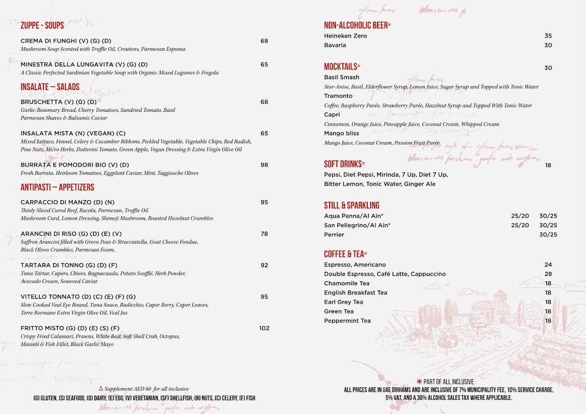 Menu at Sette restaurant, Dubai