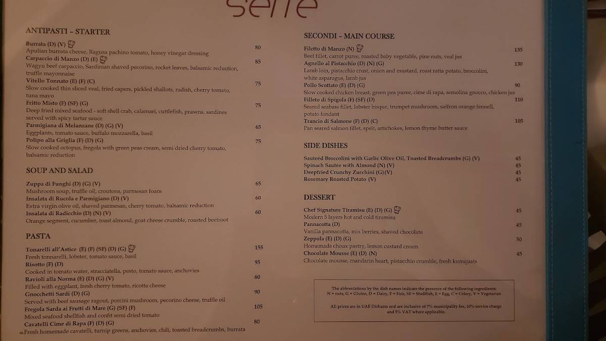 Menu at Sette restaurant, Dubai