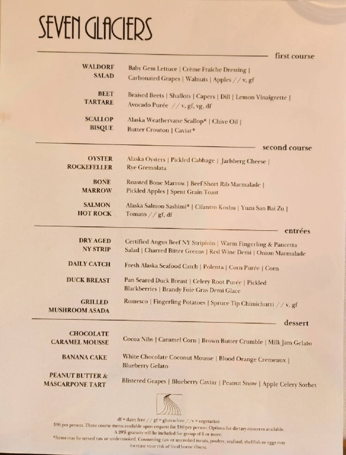Menu at Seven Glaciers Restaurant, Anchorage
