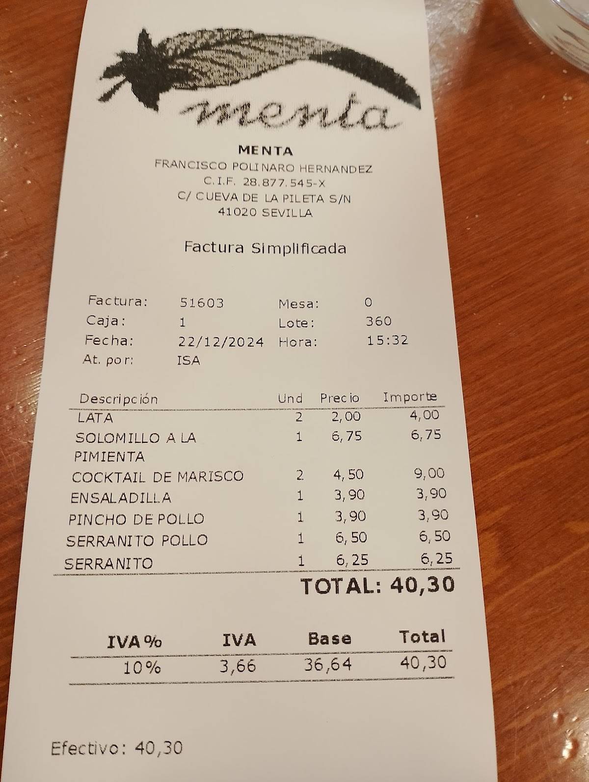 Carta de Bar Menta, Sevilla