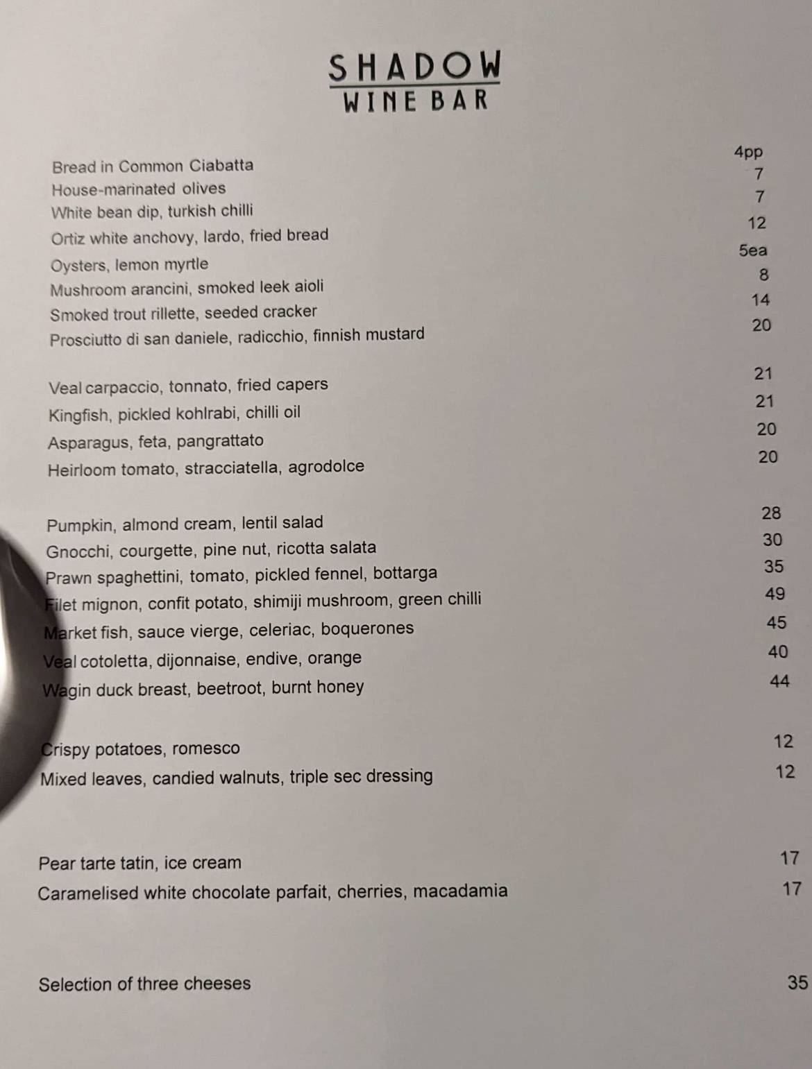Menu at Shadow Wine Bar & Dining Room, Northbridge