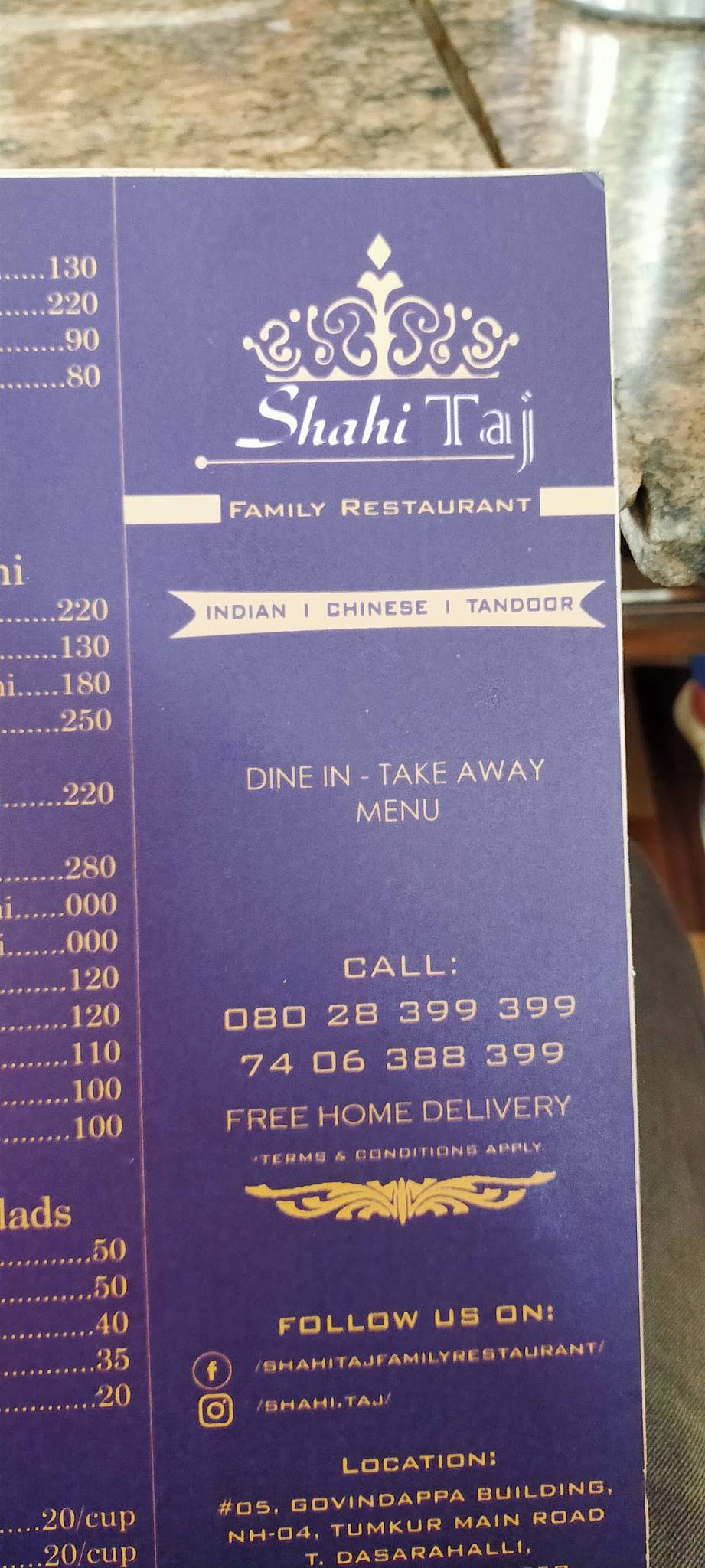 Menu at Shahi Taj Family Restaurant, Bengaluru, Nh-04