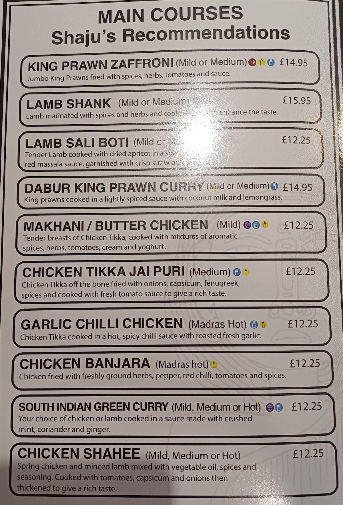 Menu at Shajan restaurant, Blackburn