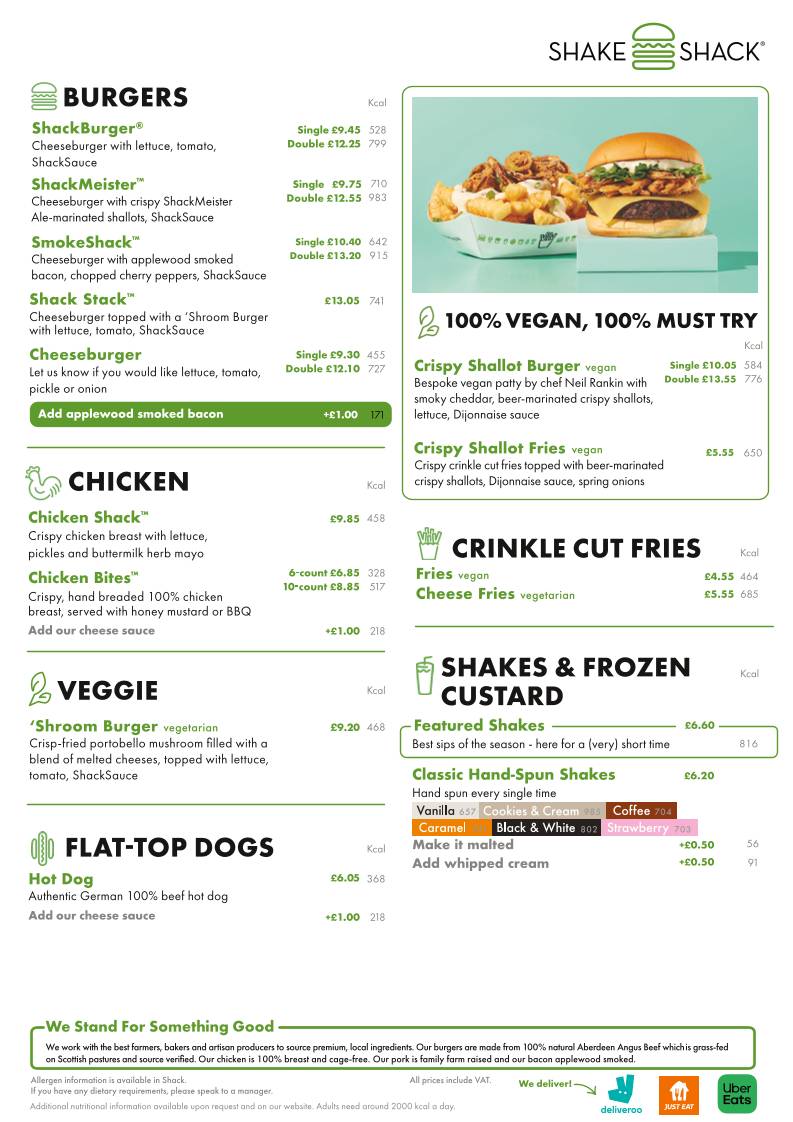 Menu at Shake Shack King's Cross St Pancras restaurant, London