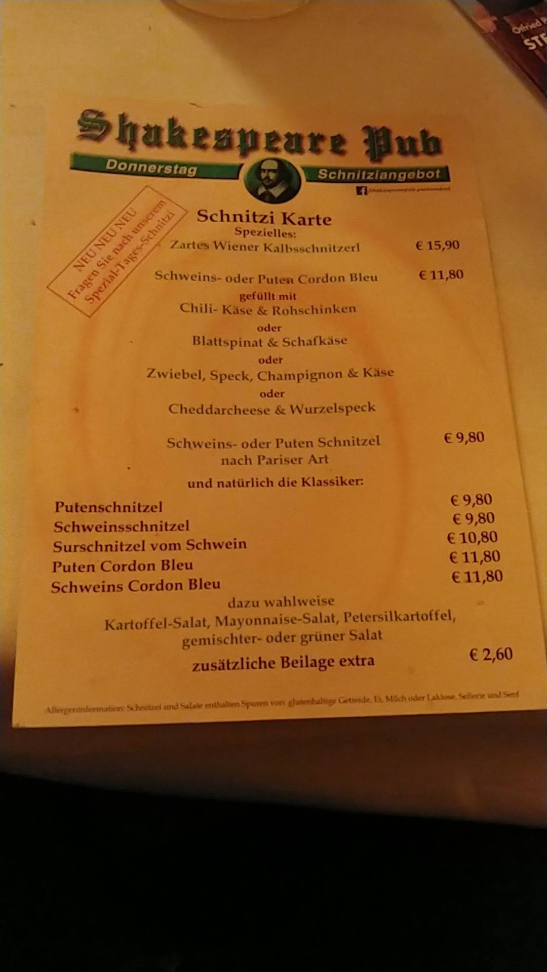 Speisekarte von Shakespeare Pub, Purkersdorf
