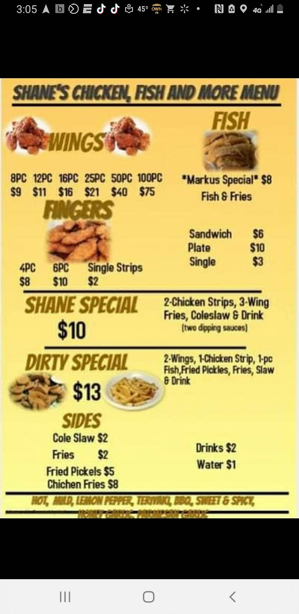 Menu at Shane's Chicken, Fish and more restaurant, South Pittsburg