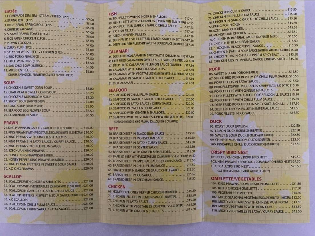 Menu at Shanling Chinese Restaurant, Cranbourne