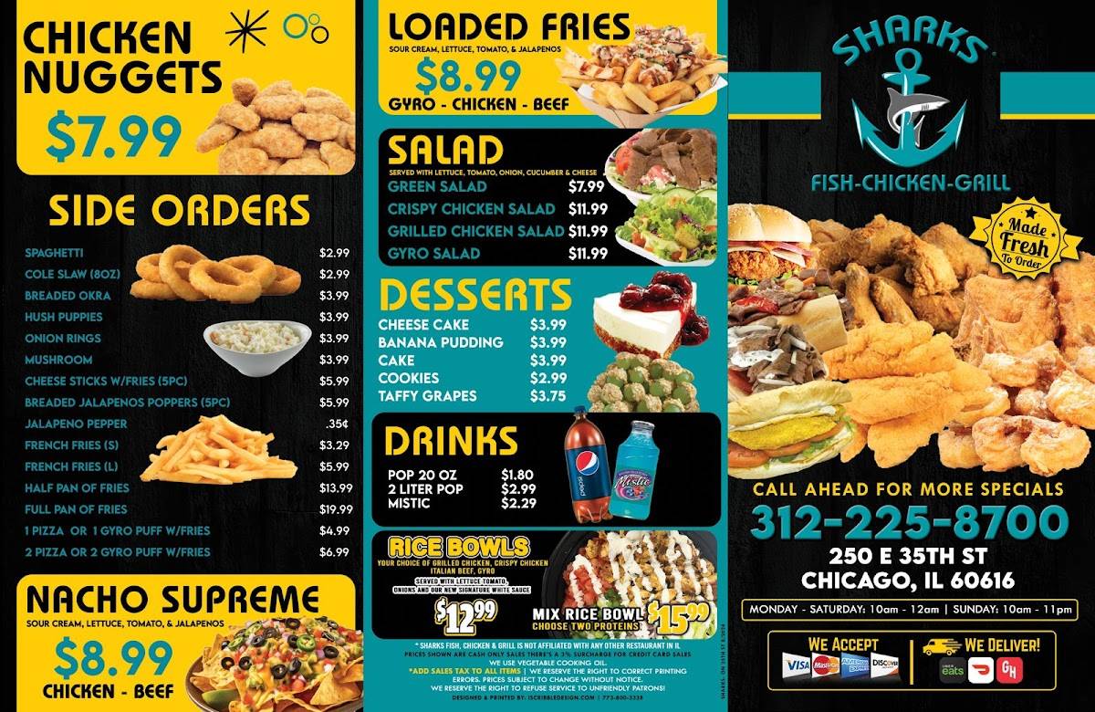 Menu at Sharks Fish Chicken & Grill fast food, Chicago, 250 E 35th St
