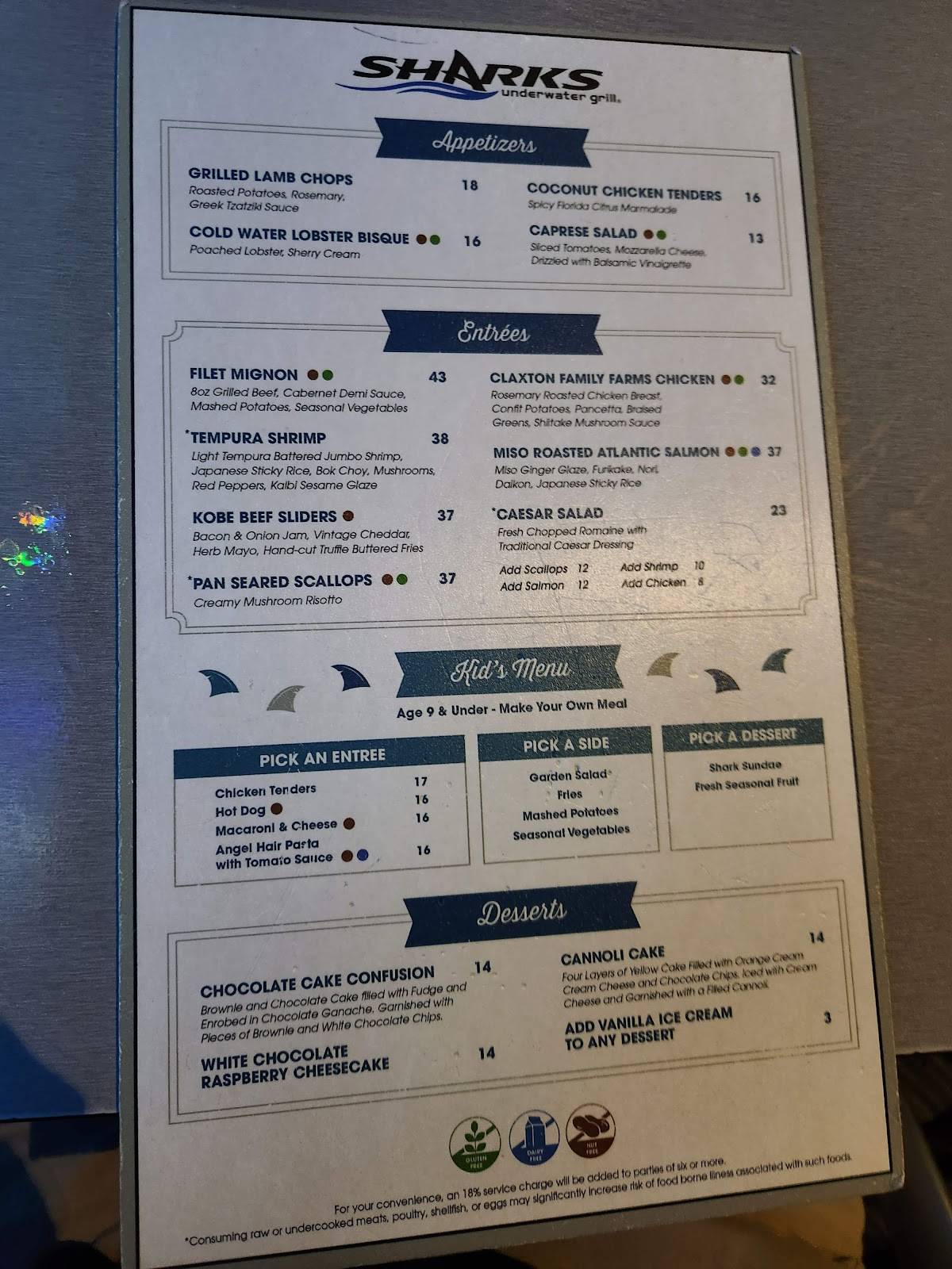 Menu at Sharks Underwater Grill pub & bar, Orlando