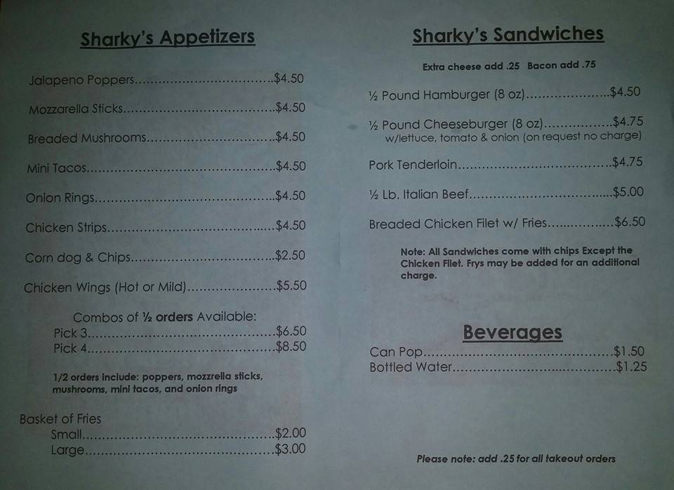 Menu at Sharky's Sports Bar, Mount Morris