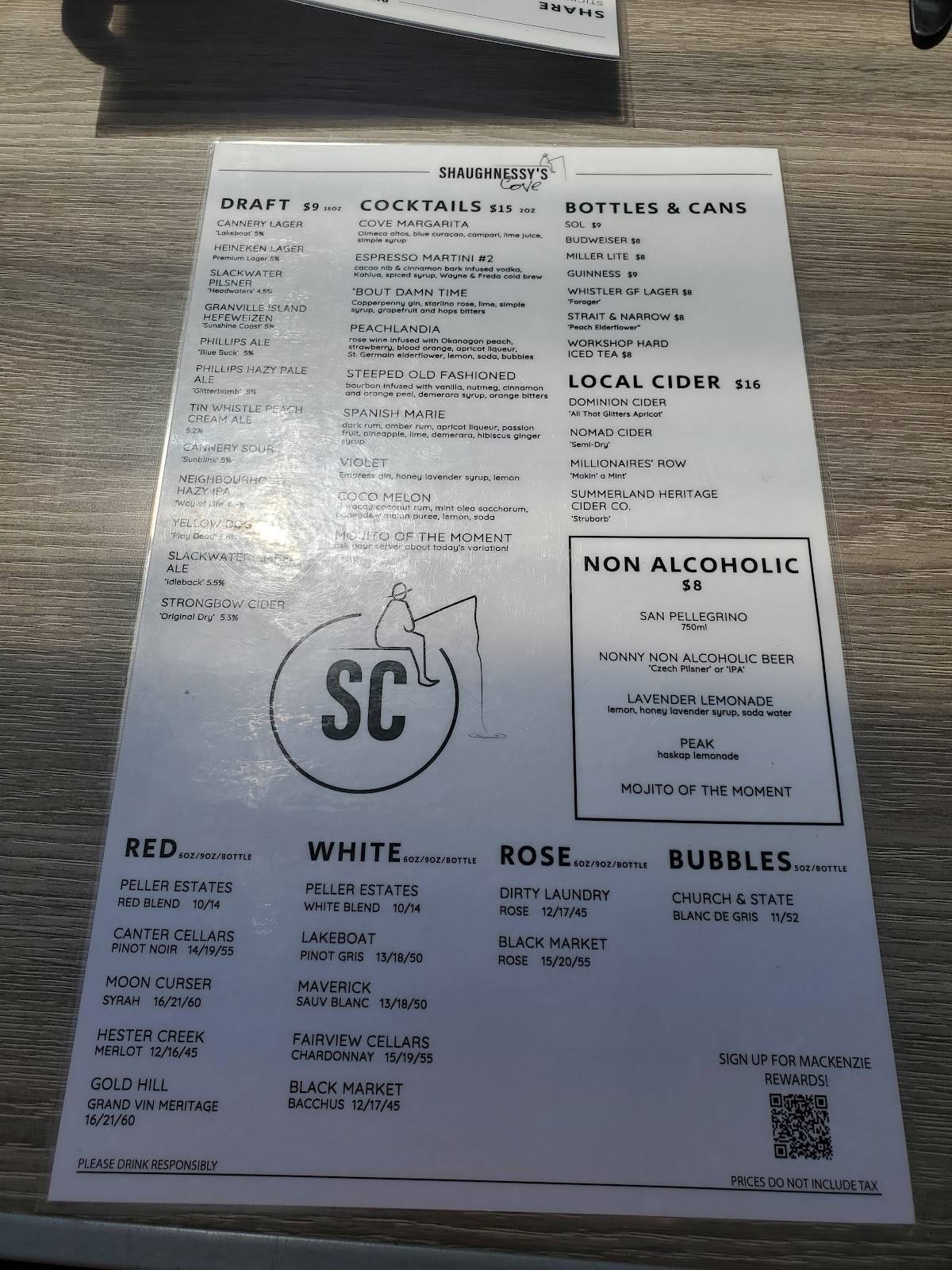 Menu at Shaughnessy's Cove restaurant, Summerland