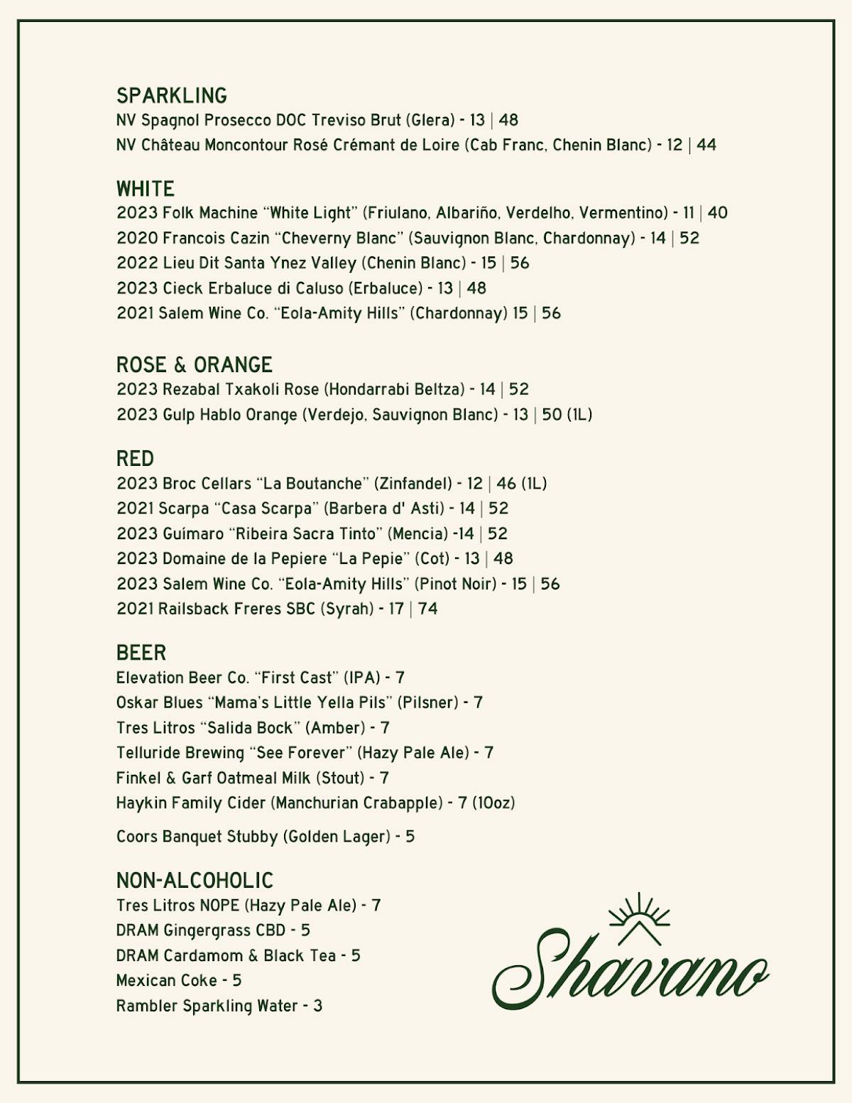 Menu at Shavano restaurant, Salida