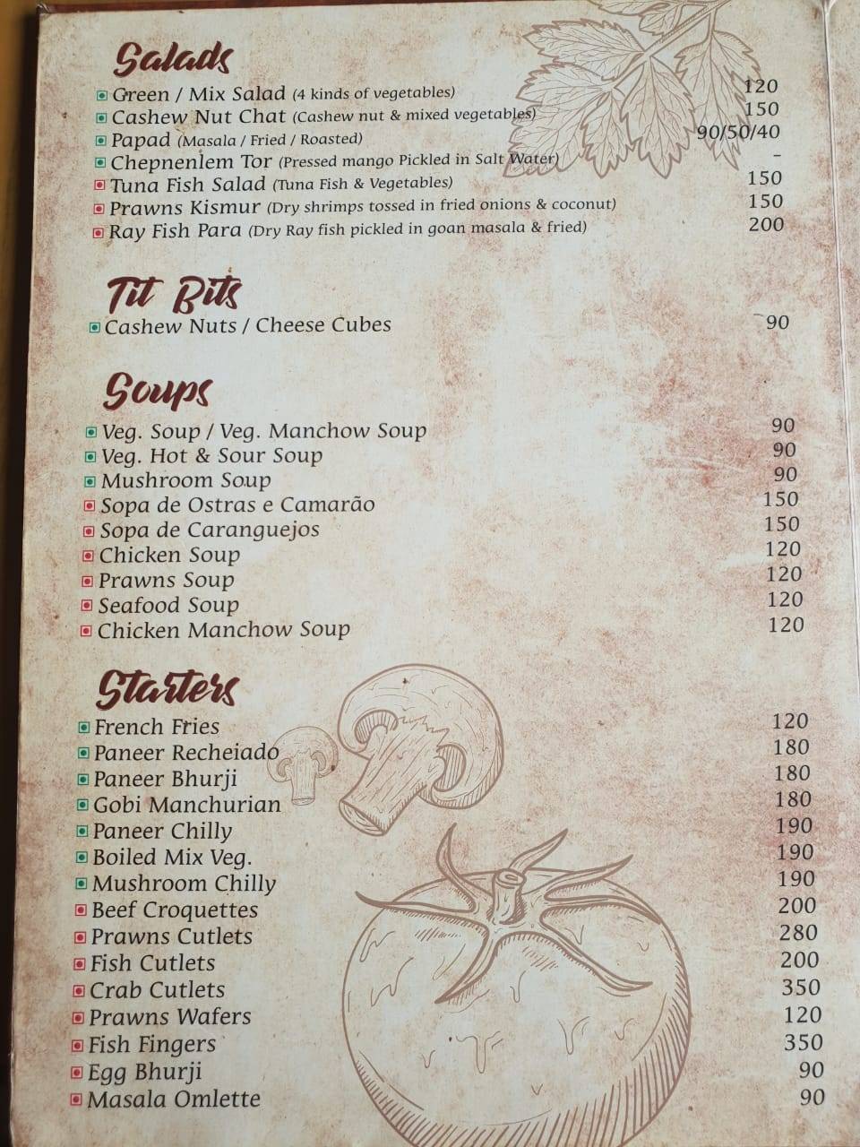 Menu at Sheela Restaurant & Bar, Chicalim