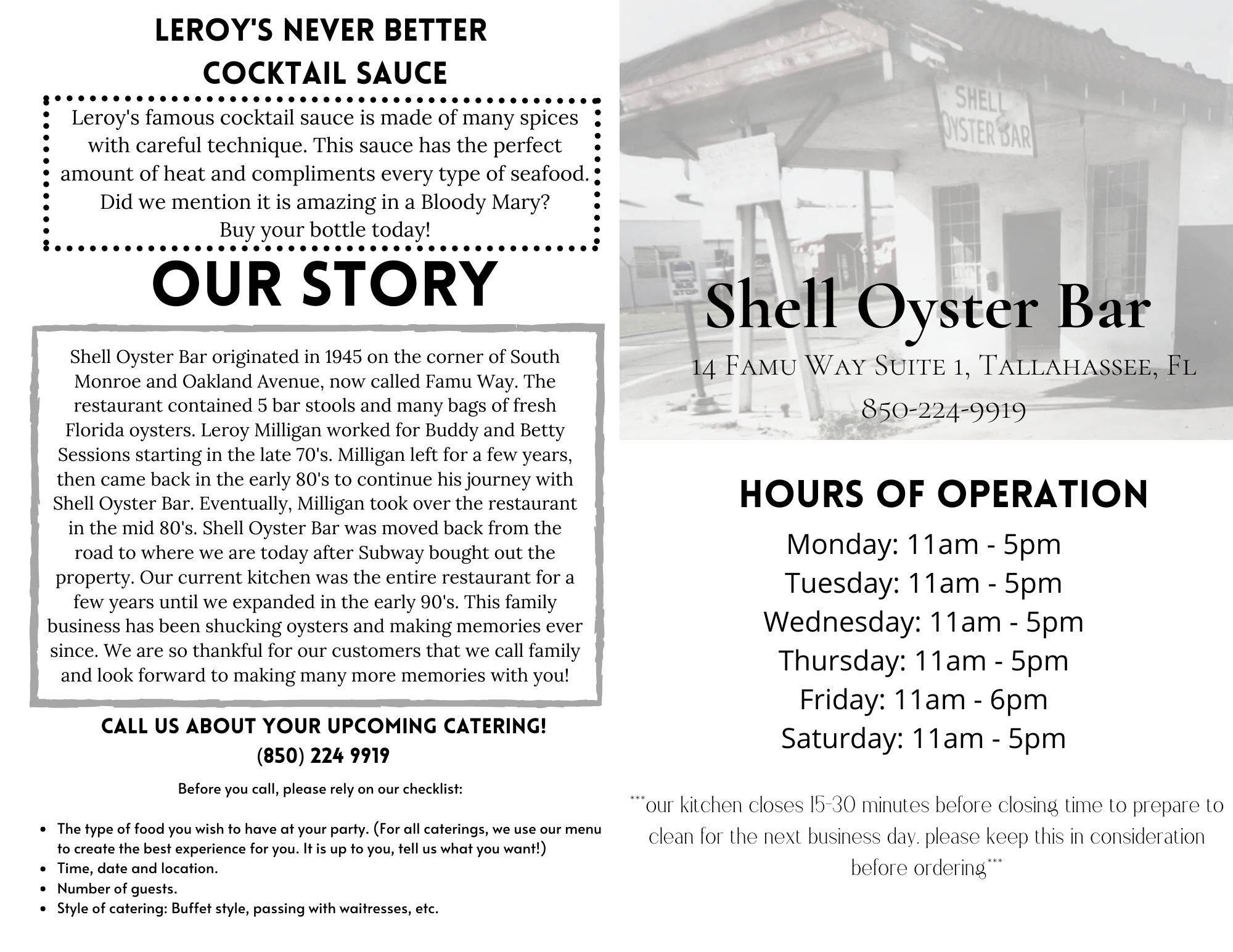 Menu at Shell Oyster Bar, Tallahassee