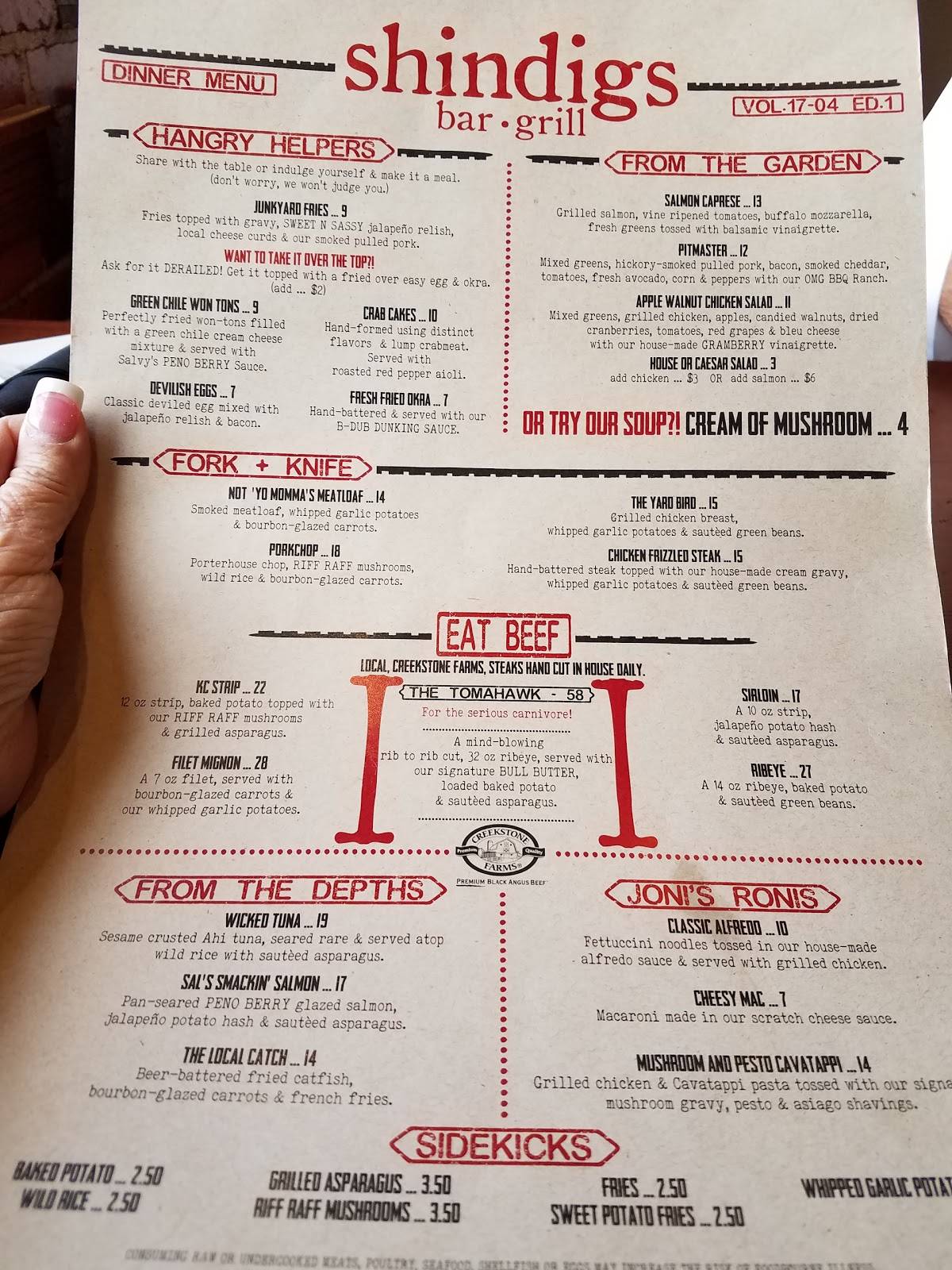 Menu at Shindigs Bar & Grill, Winfield