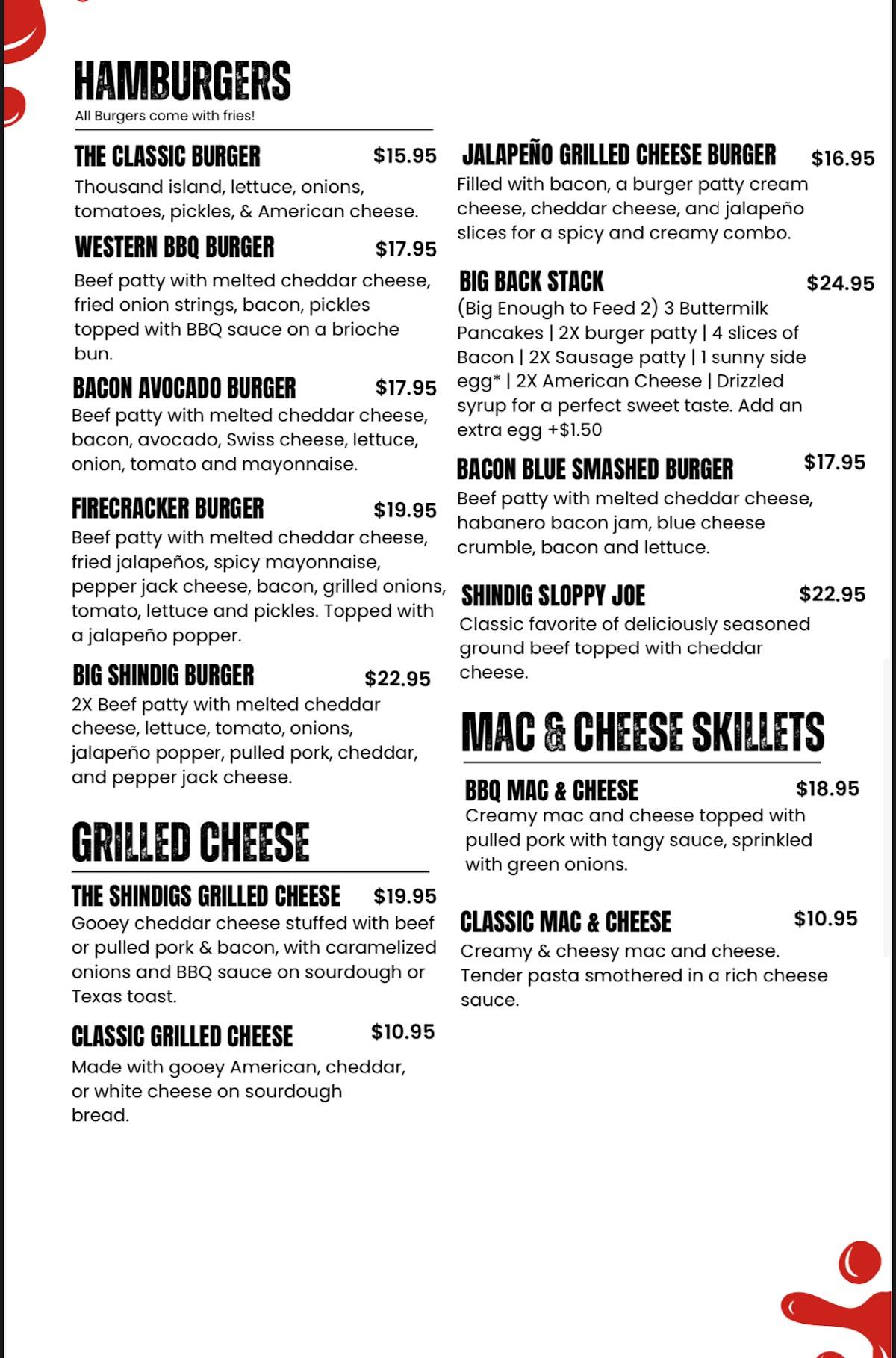 Menu at Shindigs Country Kitchen Bar & Stage, Riverside