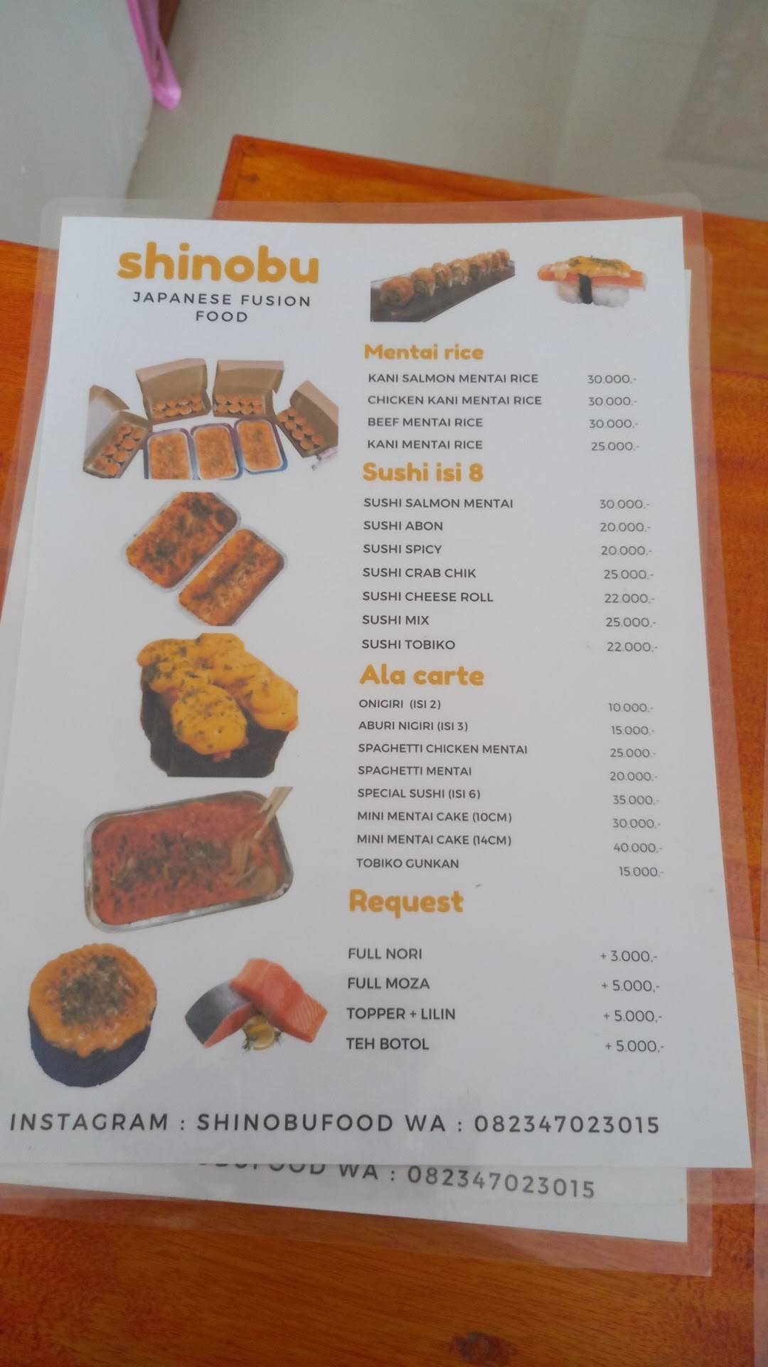 Menu at Shinobu food restaurant, Rijang Pitu