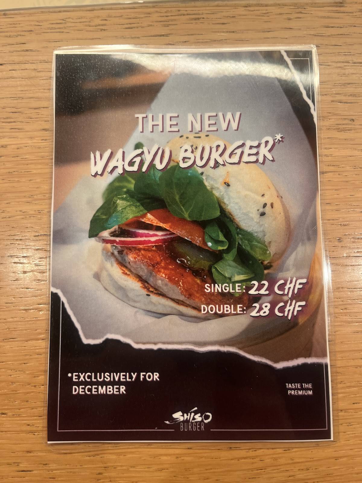Menu at Shiso Burger Genève, Geneva