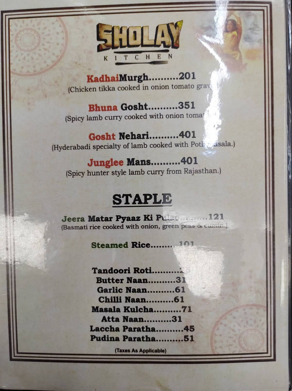 Menu at Sholay Kitchen, Kolkata