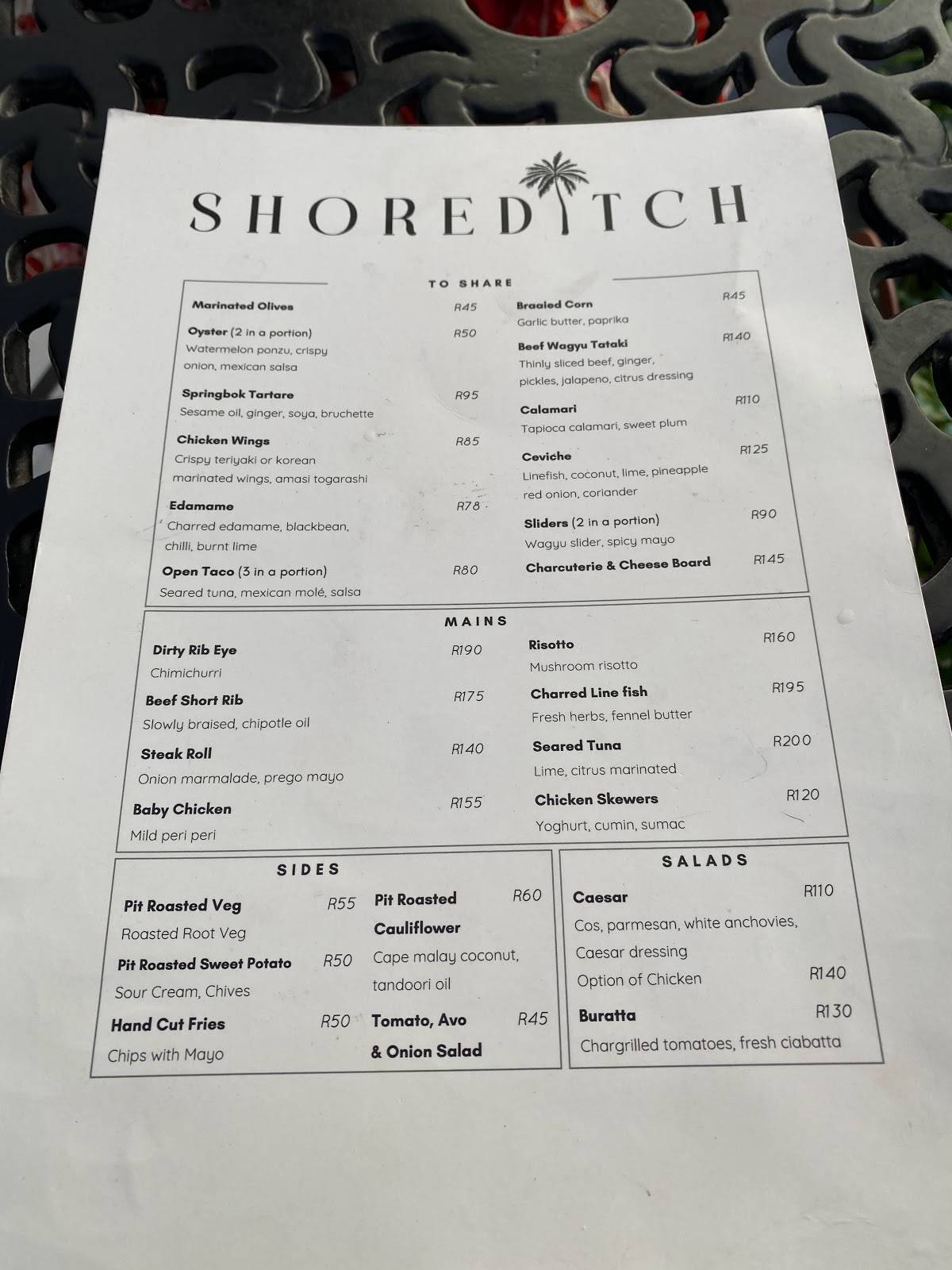 Carta del restaurante Shoreditch, Ciudad del Cabo