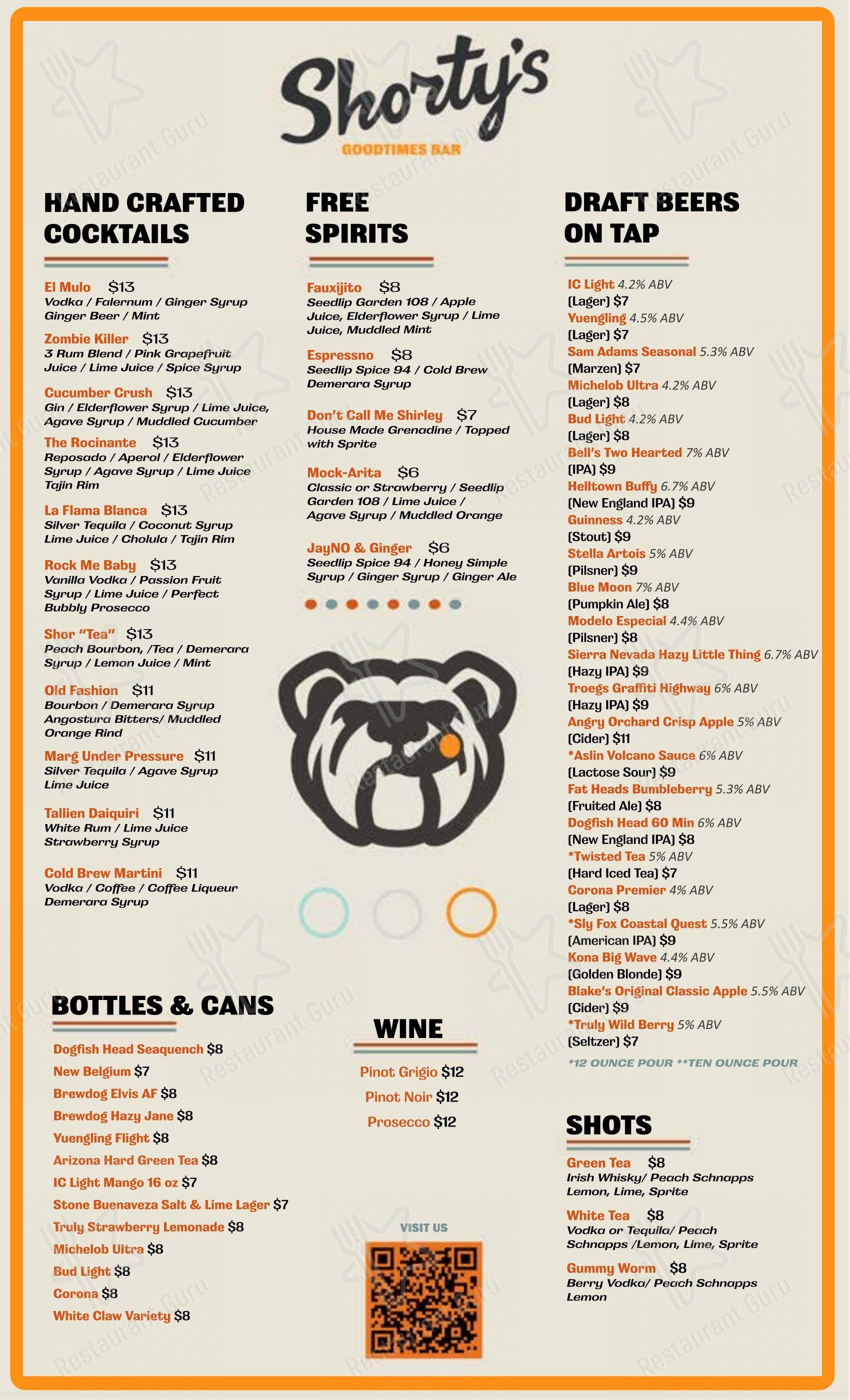 Menu at Shorty's Pins x Pints restaurant, Pittsburgh