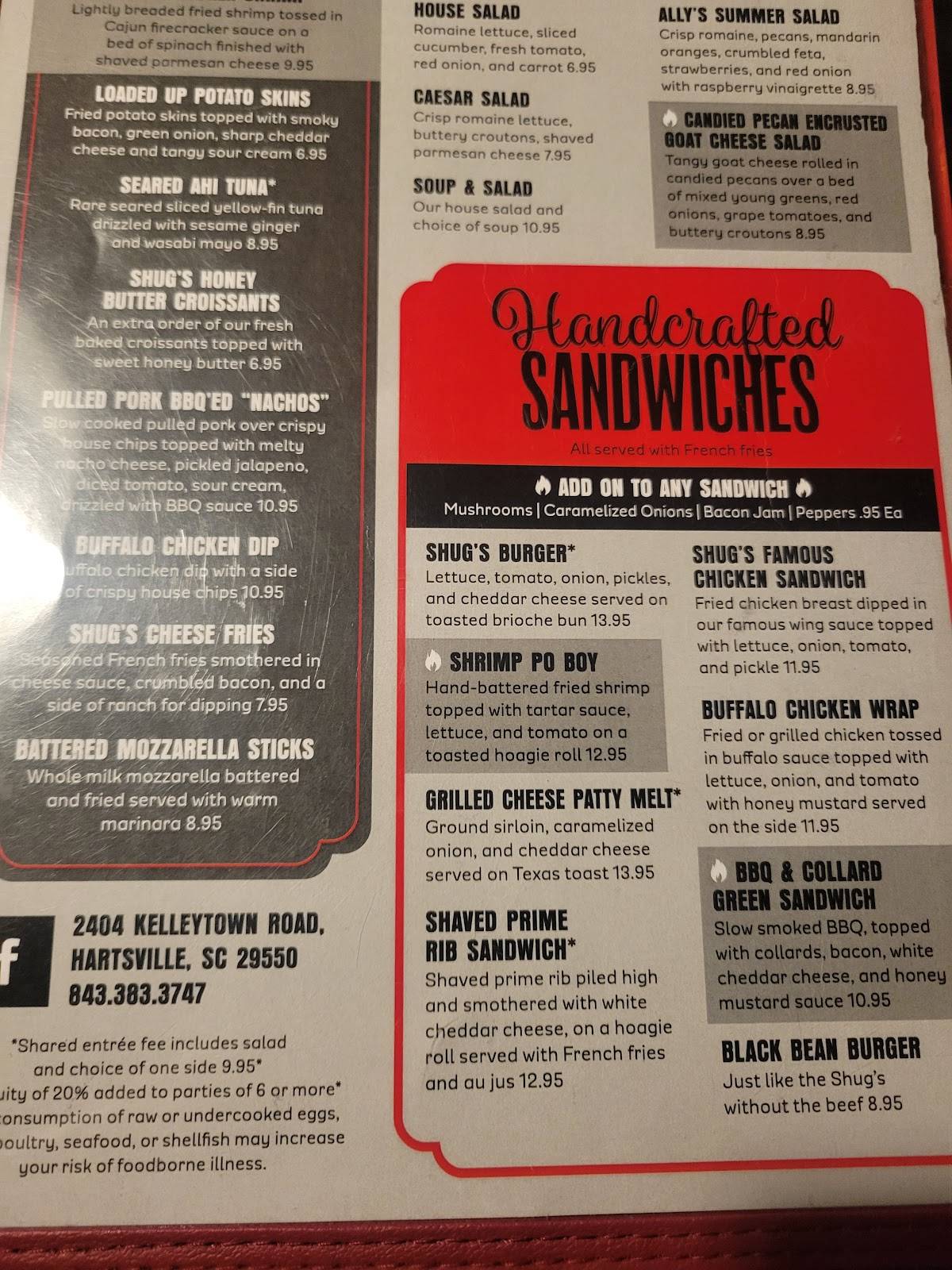 Menu at Shug's Steakhouse, Hartsville