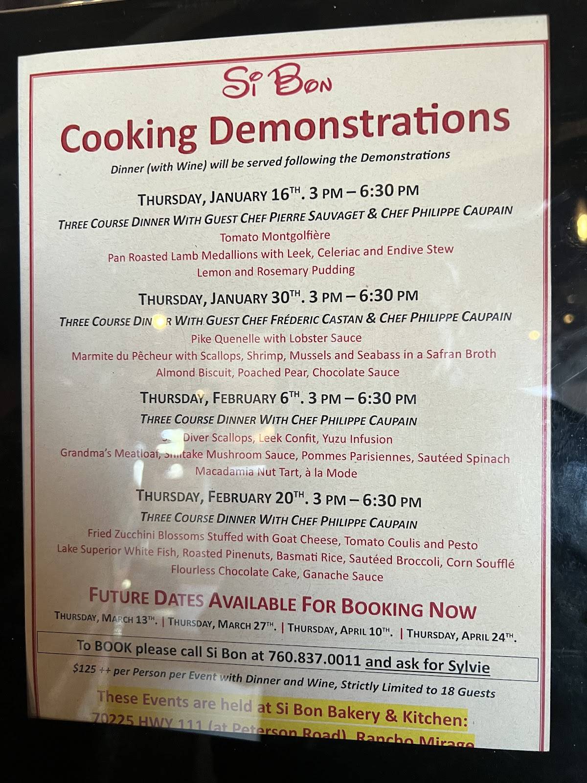 Menu at Si Bon pub & bar, Rancho Mirage