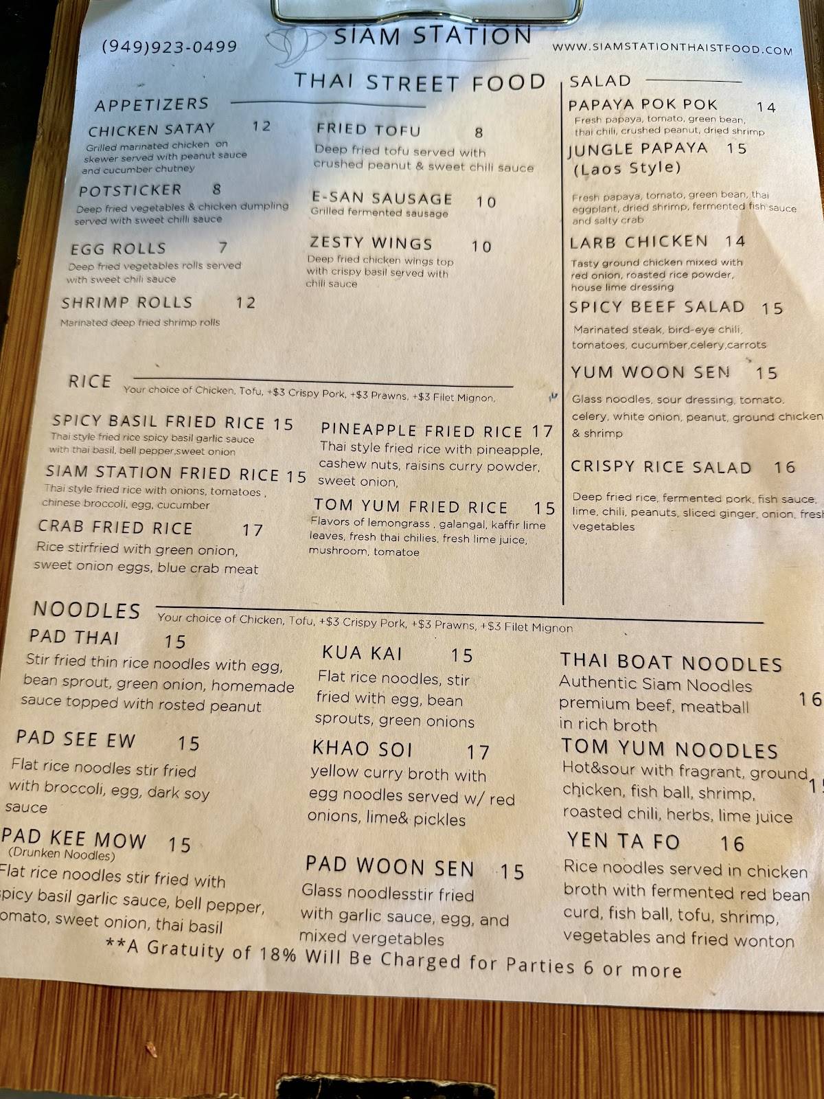 Menu at Siam Station Thai Street Food restaurant, Irvine