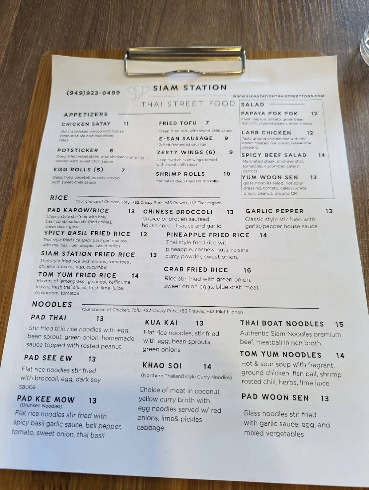Menu at Siam Station Thai Street Food restaurant, Irvine