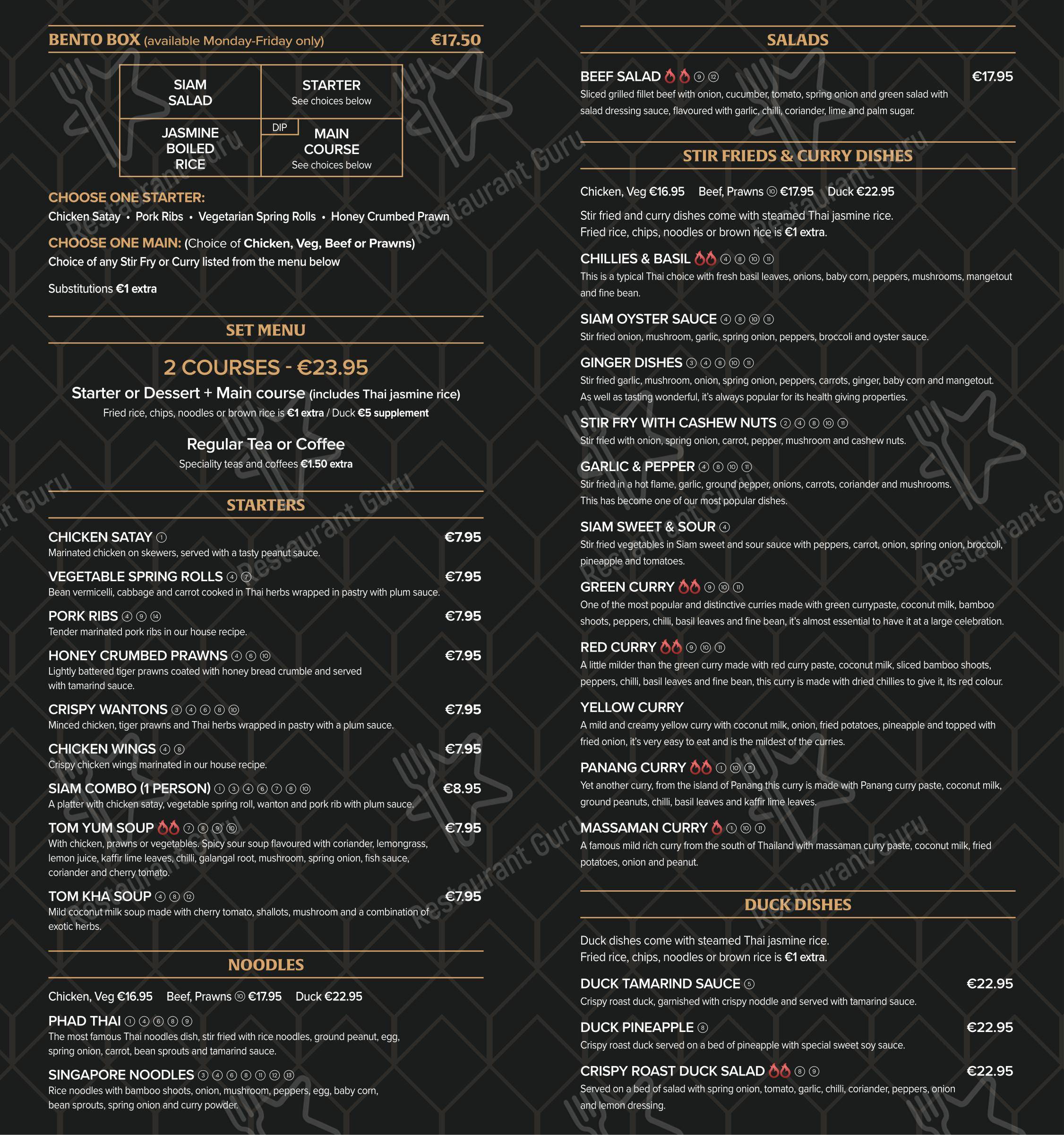 Menu at Siam Thai Restaurant - Rathmines, Dublin