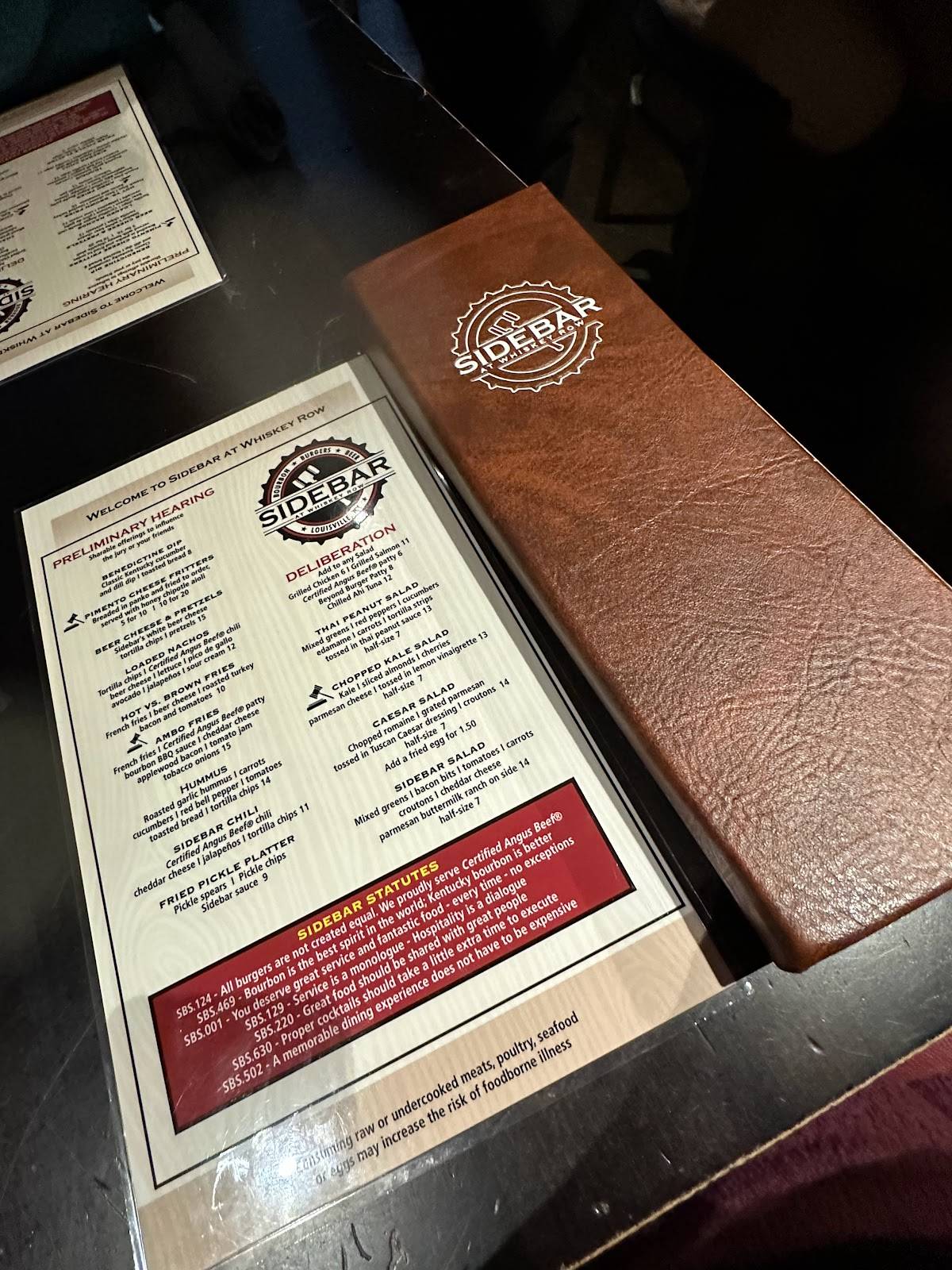 Menu at Sidebar At Whiskey Row, Louisville