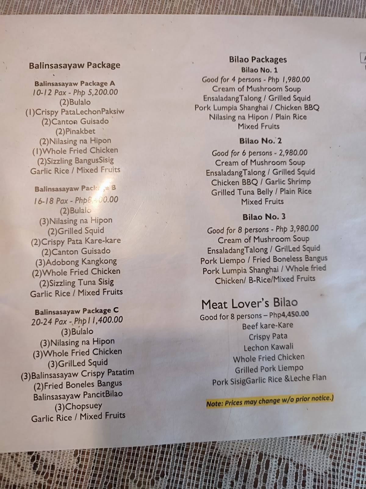 Menu at Balinsasayaw Restaurant, Silang, KM44 Emilio Aguinaldo Hwy