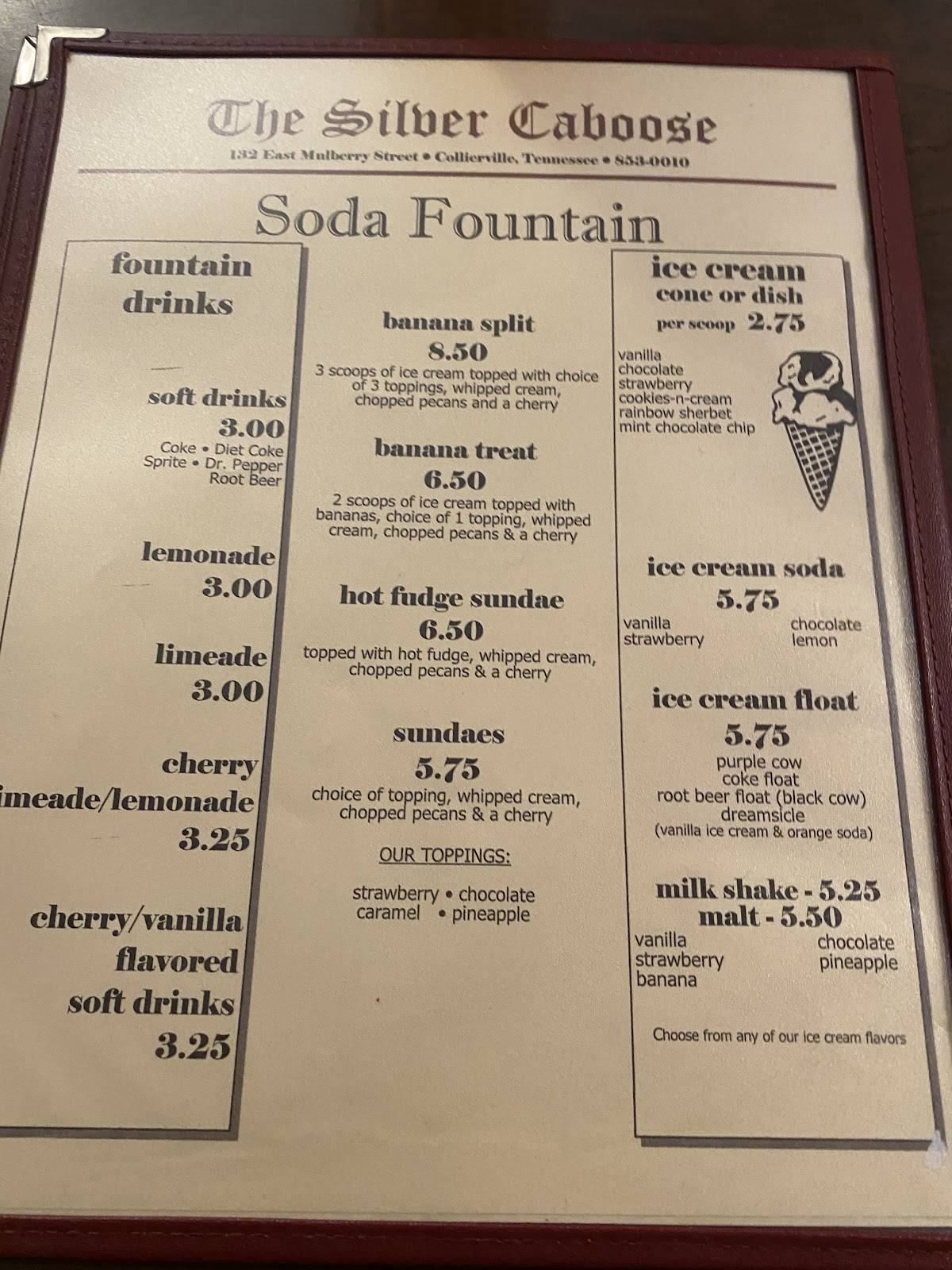 Menu at Silver Caboose Restaurant & Soda Fountain, Collierville