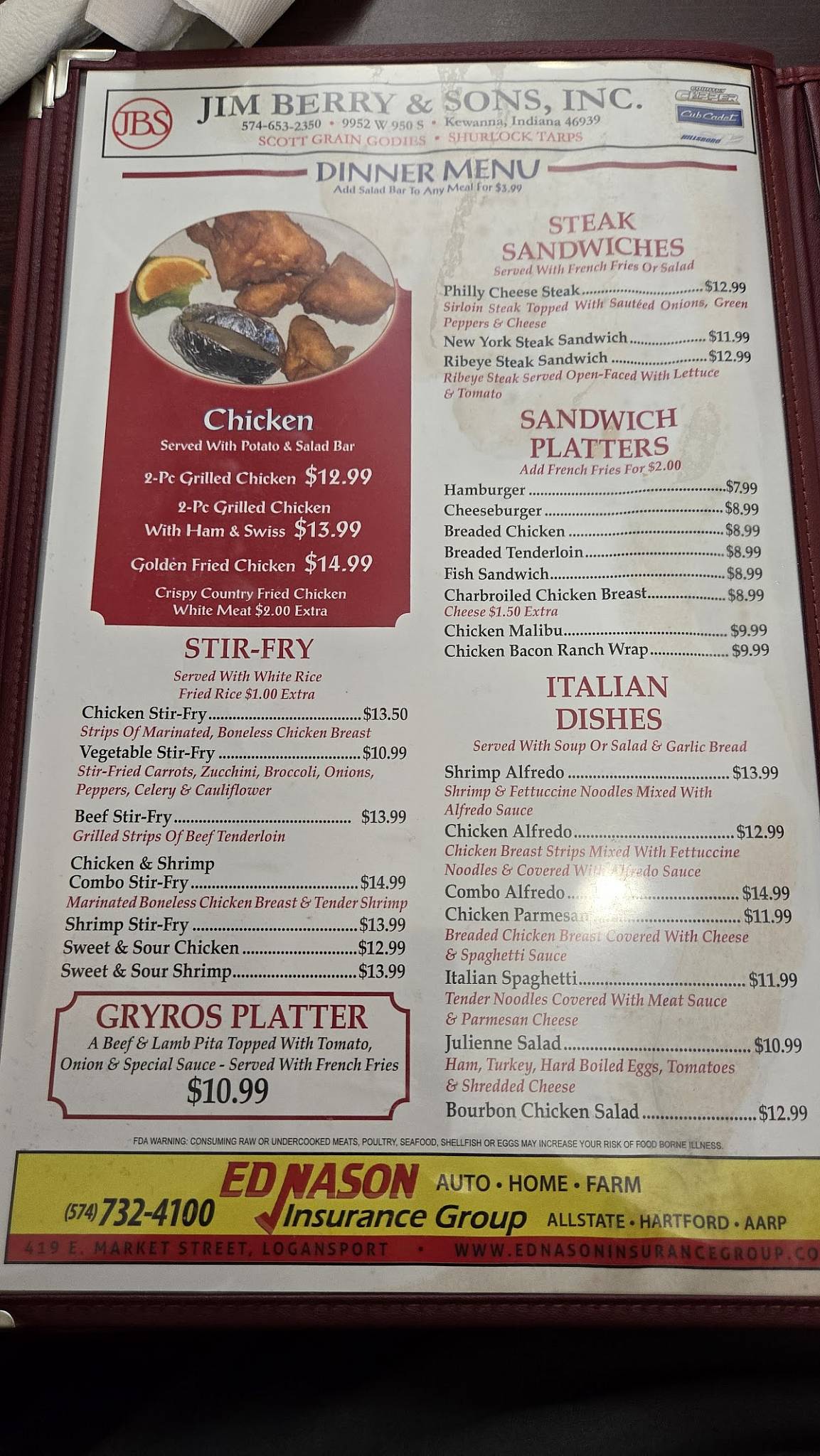 Menu at Silver Lake Family Restaurant & Lounge, Logansport