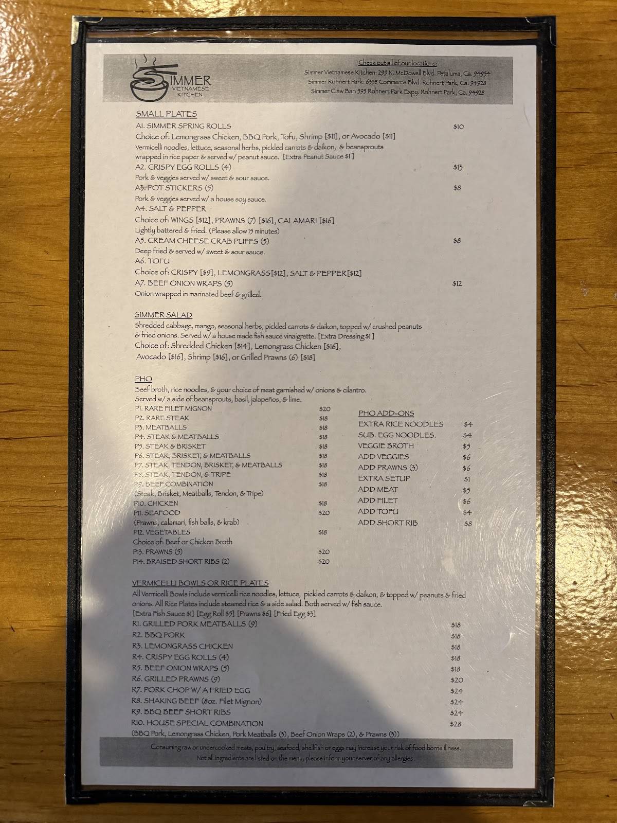 Menu at Simmer restaurant, Rohnert Park