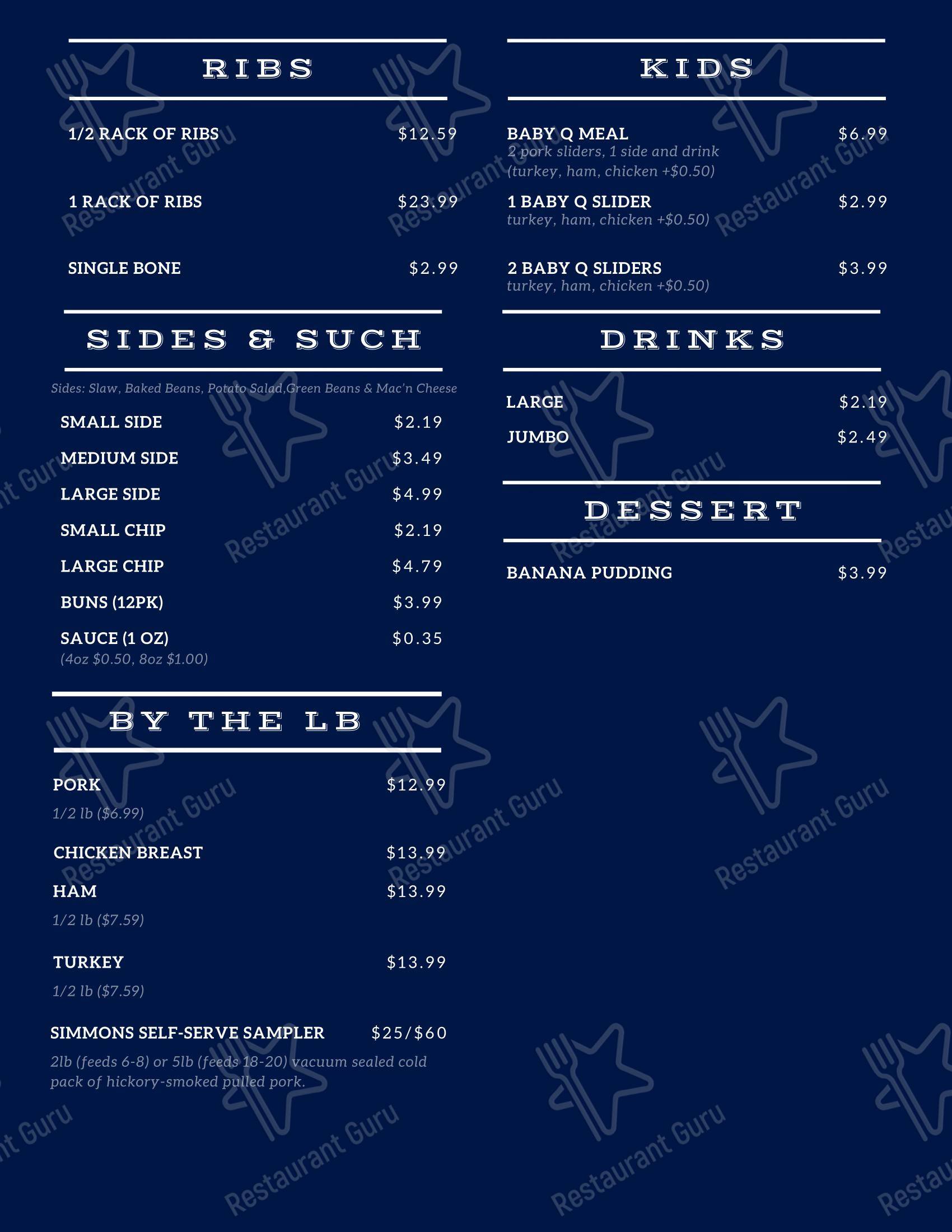Menu at Simmons Barbecue, Guntersville