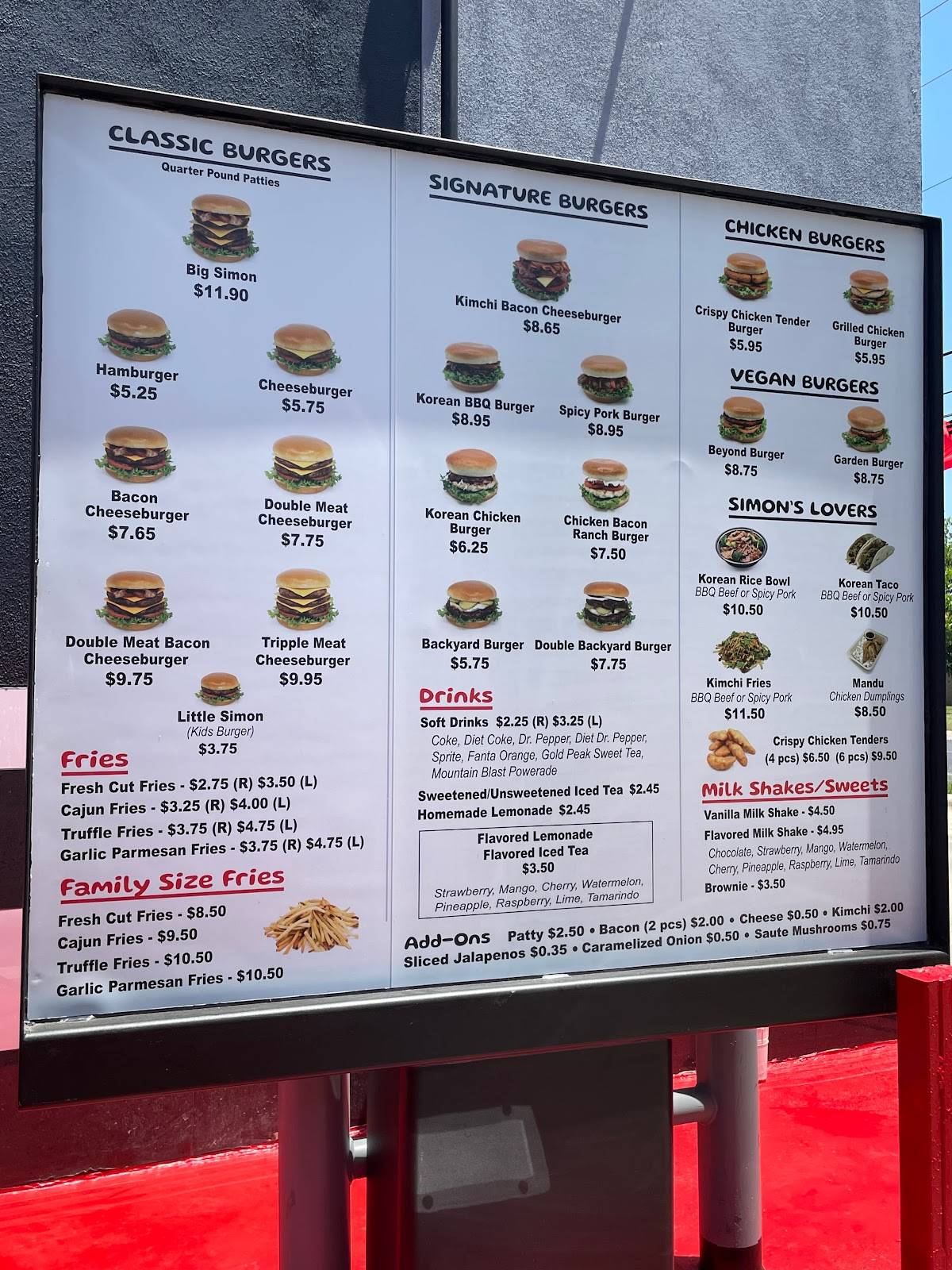 Menu at Simon's Burger restaurant, Austin
