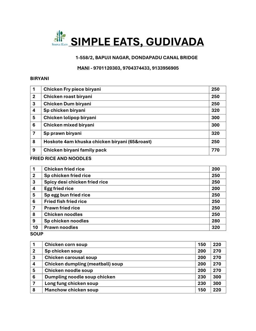 Menu at Simple Eats, Gudivada