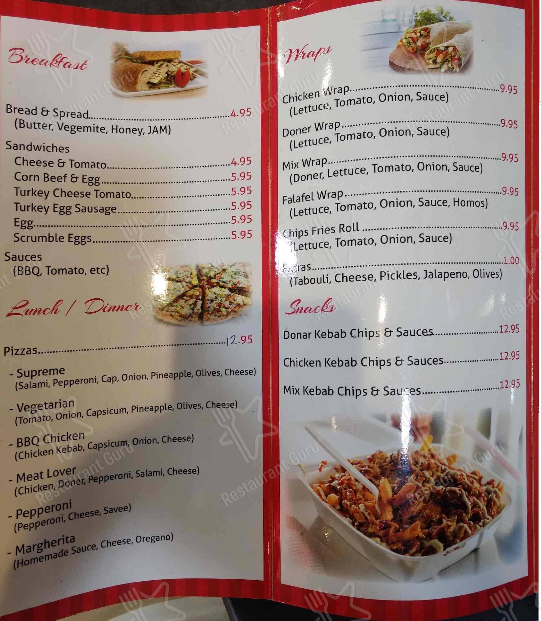 Carta de comida rápida Sinbad Kebab, Sydney