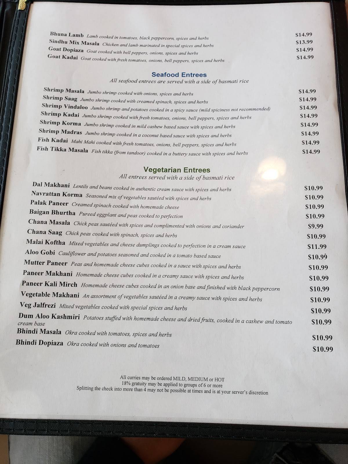Menu at Sindhu Indian Cuisine restaurant, East Lansing