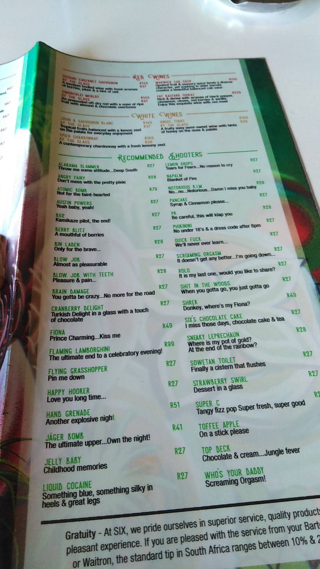 Menu at Six Cocktail Bar, Johannesburg